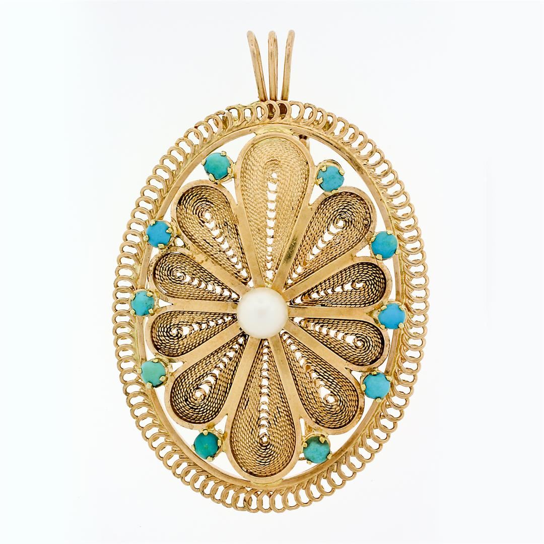 Vintage 14k Gold Pearl & Turquoise Twisted Wire Filigree Brooch Pin or ...