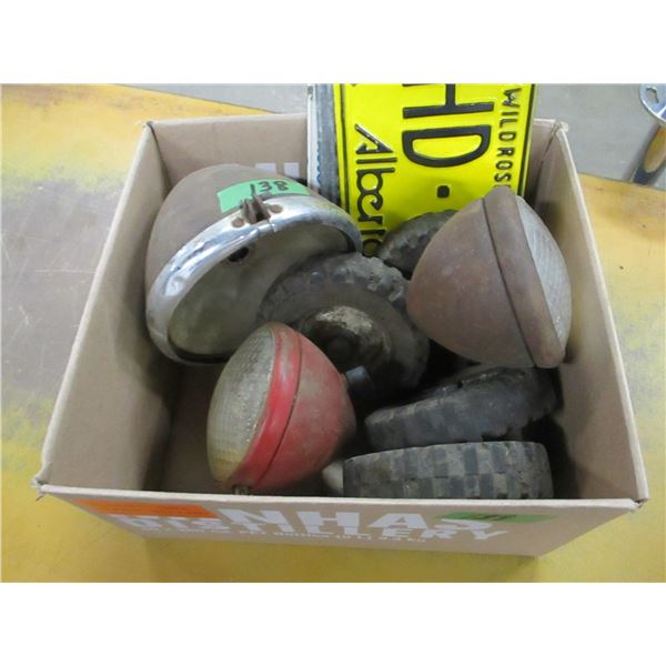 BOX C/W OLD KITES, WHEELS, LICENSE PLATES, ETC