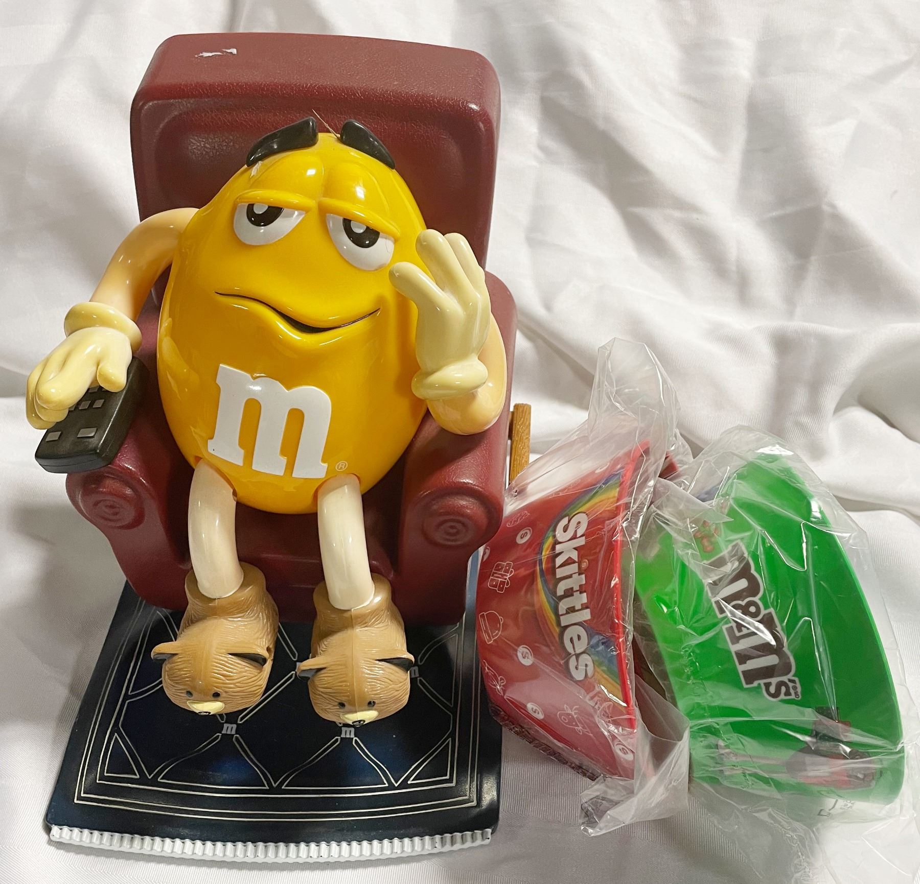 M&M Character in Arm Chair and TWO Candy DIshes (Skittles and M&Ms)