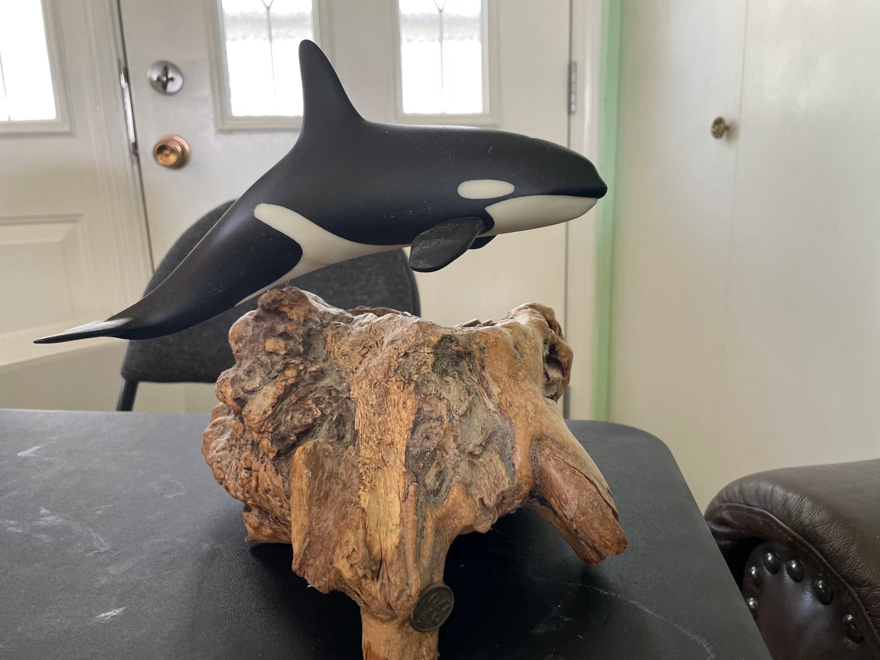 Dolphin Sculpture, Resin dolphin on real wood base