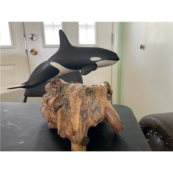 Dolphin Sculpture, Resin dolphin on real wood base