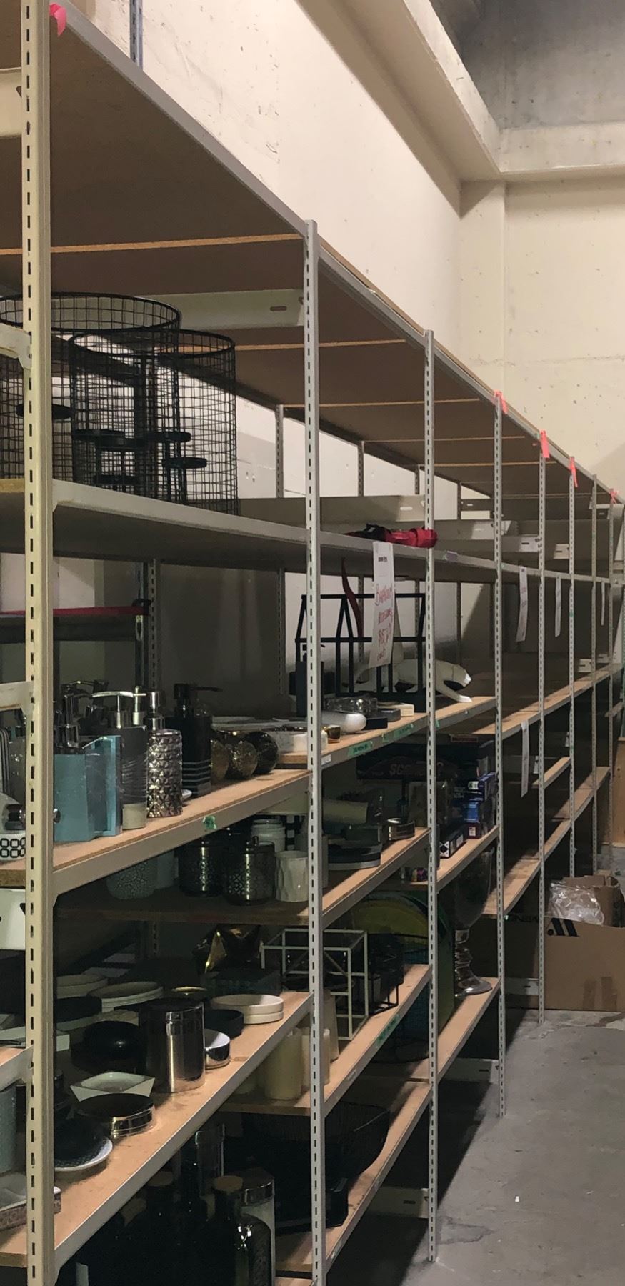 White industrial shelving rack - Includes 9 Vertical beams and 74 ...