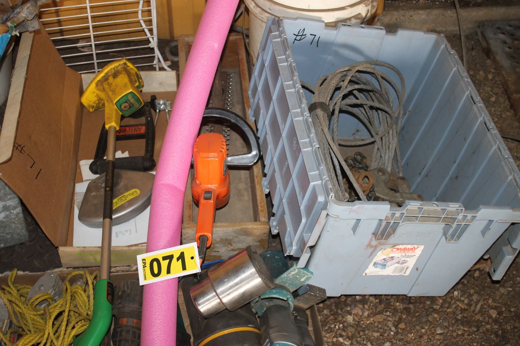 Winch cable, weed wacker, hedge trimmer, flash lights, metal tool box ...