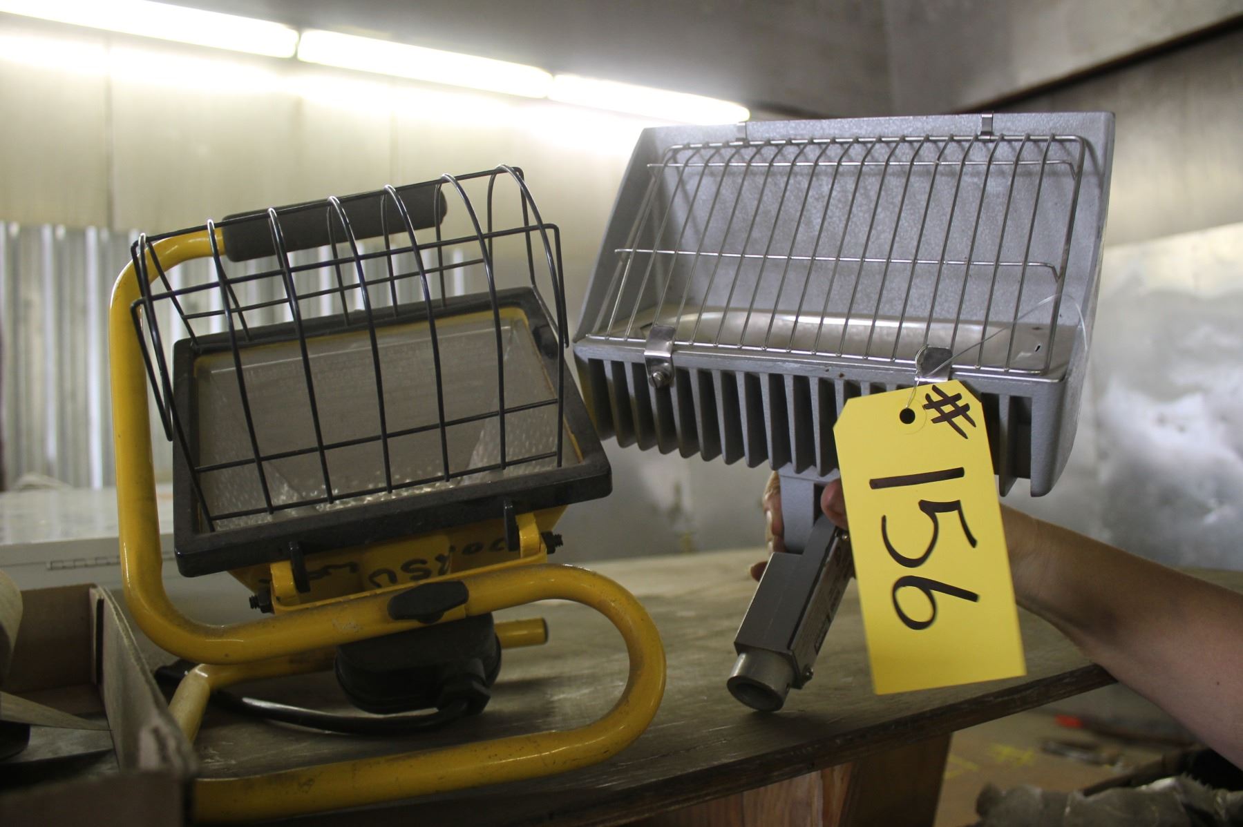 Halogen work light, concrete trowel and tools, chalk line, recessed ...