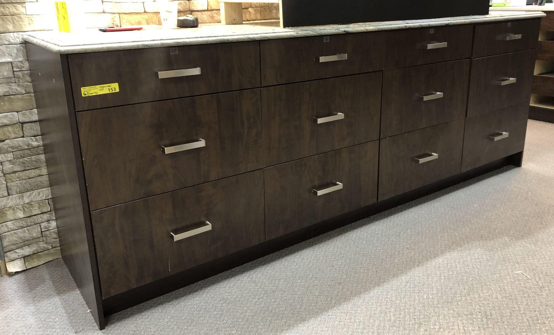 Approx. 99in L 2ft D 3 ft H Granite counter kitchen cabinet (bidder ...