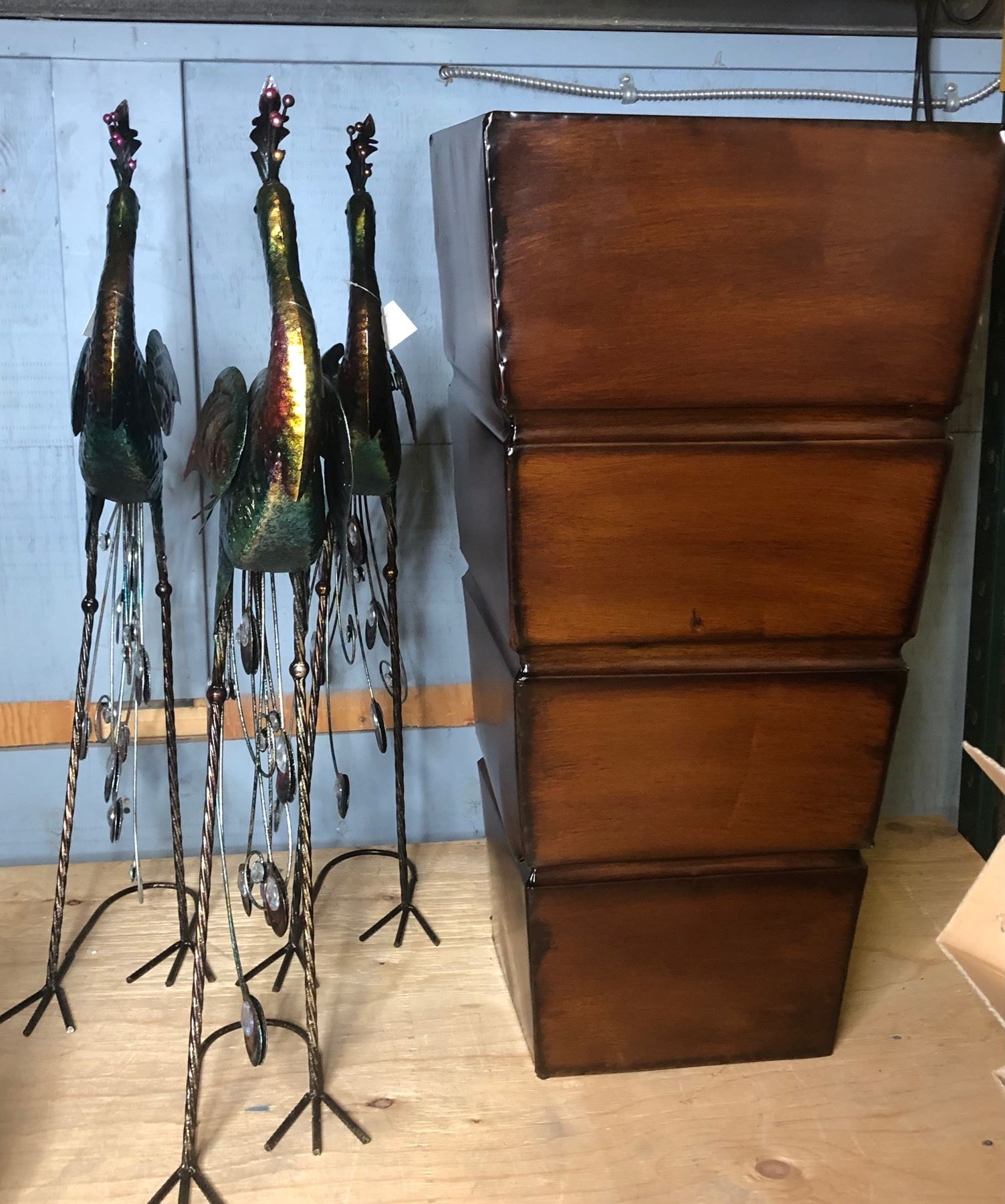 Set of 3 NEW metal peacocks w/ decorative metal planter