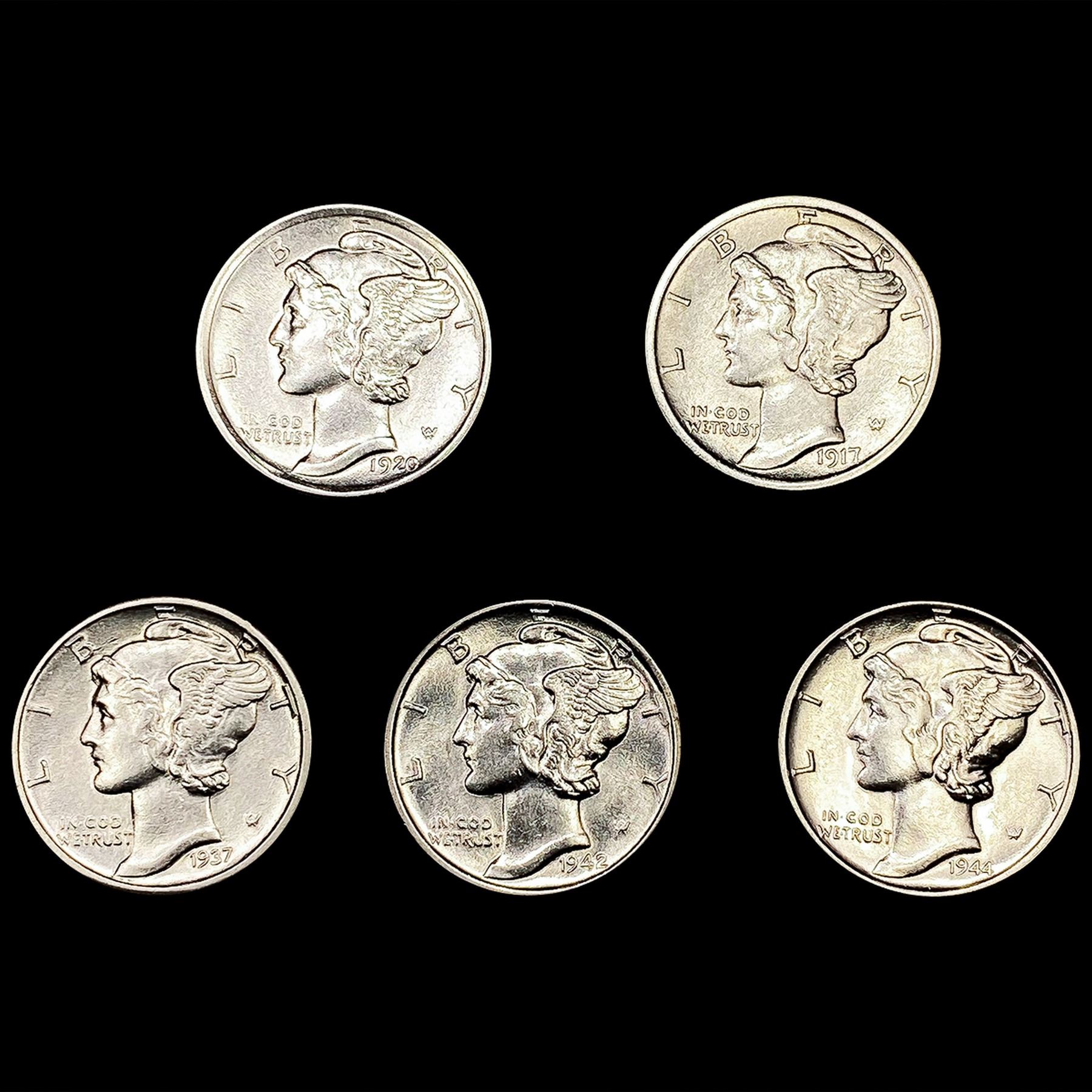 (5) Mercury Silver Dimes (1917, 1920, 1937-D, 1942