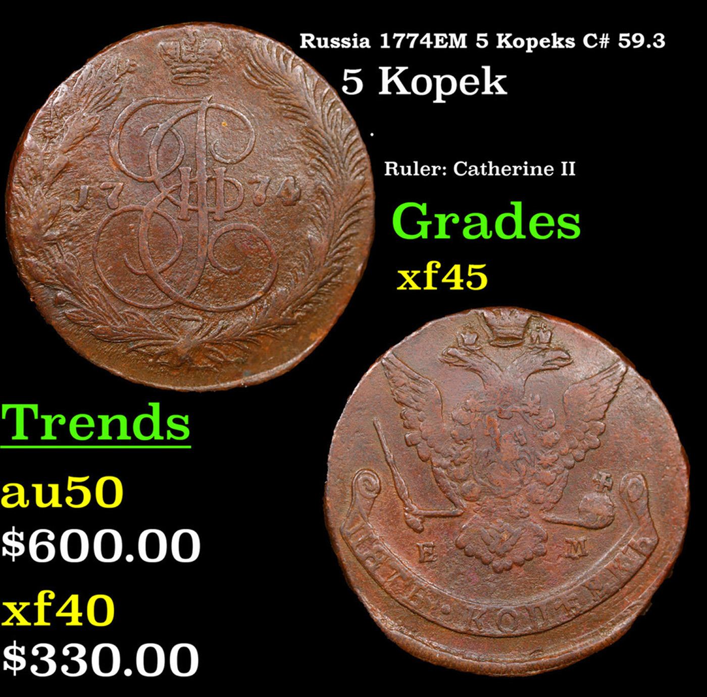 Russia 1774?? 5 Kopeks C# 59.3 Grades xf+