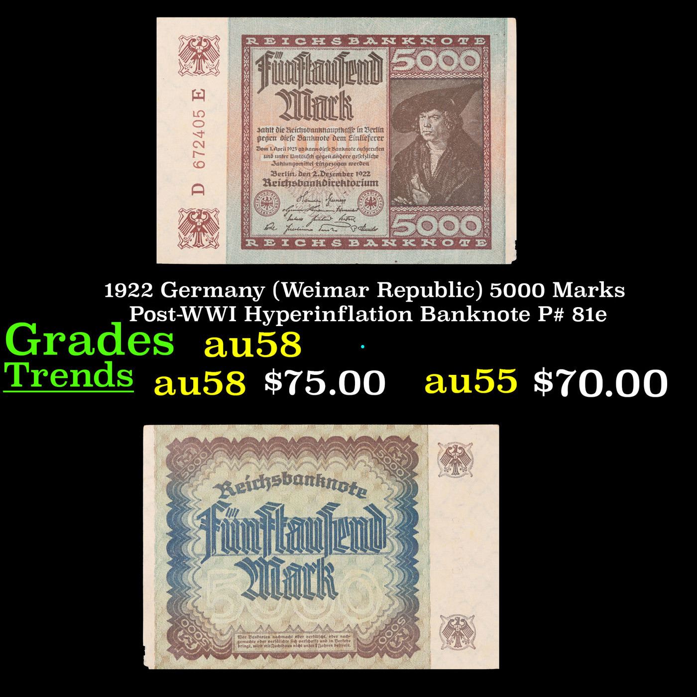1922 Germany (Weimar Republic) 5000 Marks Post-WWI Hyperinflation ...
