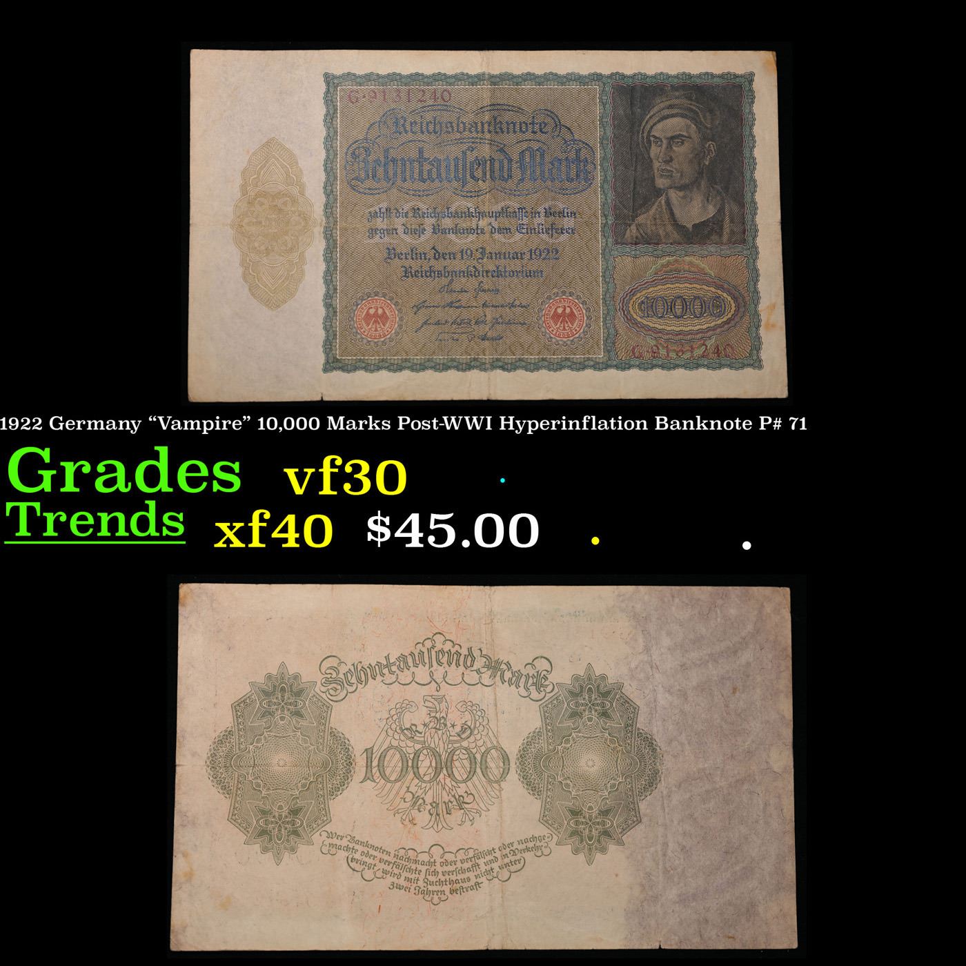 1922 Germany "Vampire" 10,000 Marks Post-WWI Hyperinflation Banknote P ...