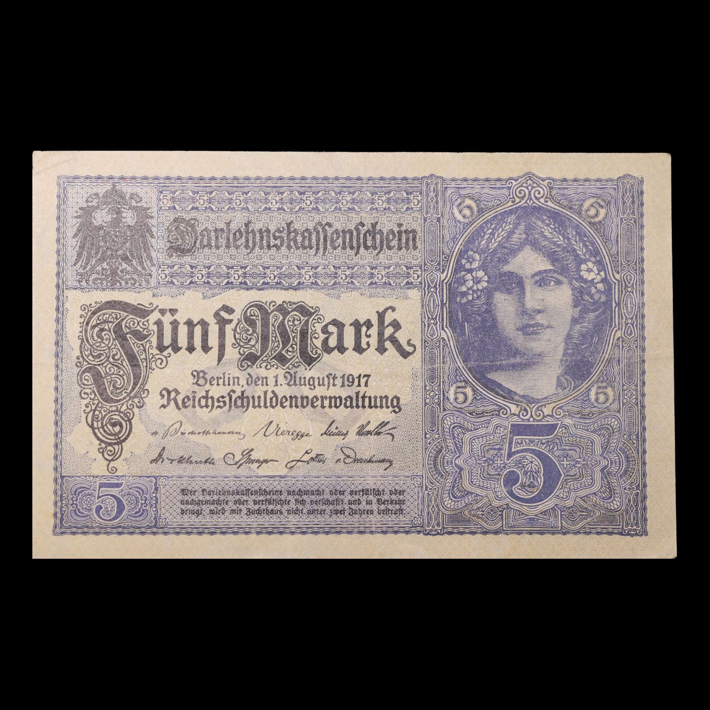 1917-1918 Germany 5 Marks Banknote P# 56b Grades Choice AU/BU Slider