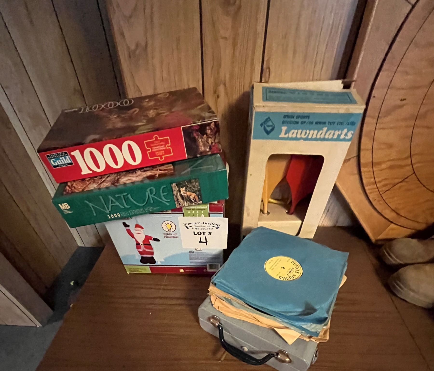 Old crank player, lawn darts, puzzles & crocano board