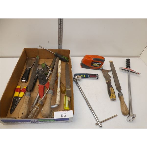 torque wrench, files, level, putty knife