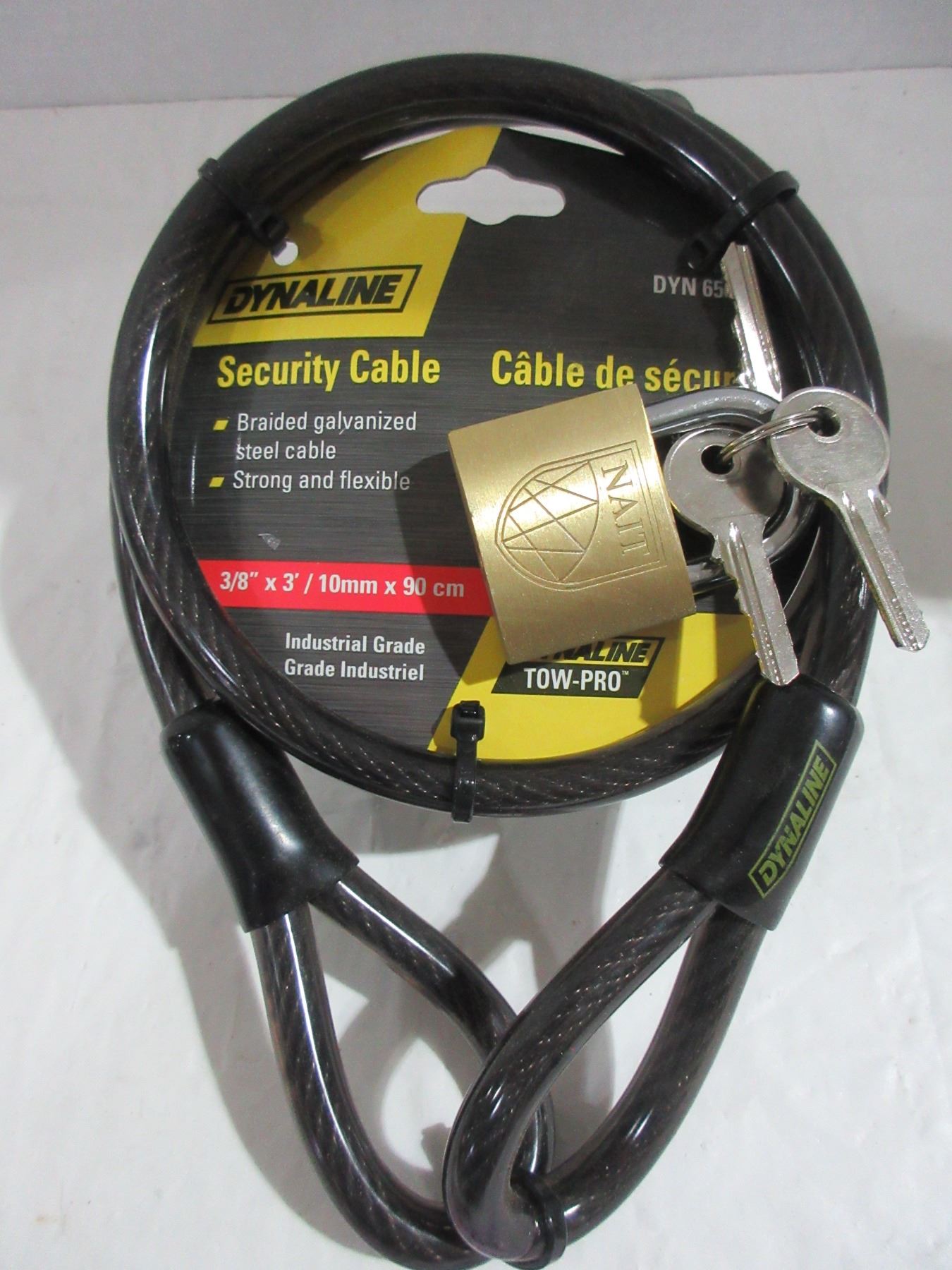 NEW: DYNALINE 3/8" X 3' SECURITY CABLE WITH LOCK & KEYS