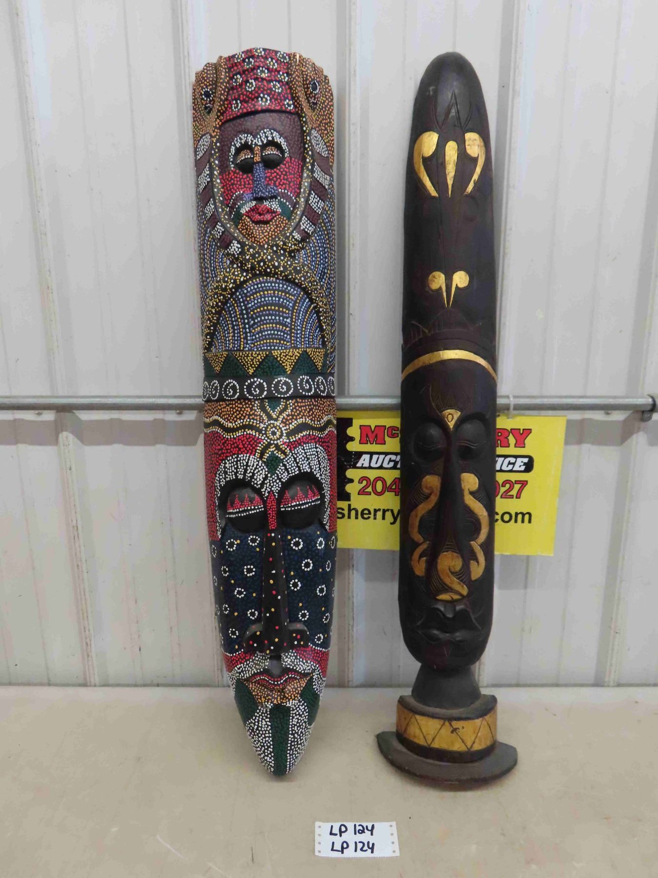 2 Unique Wooden Tribal Art Items 40'' Tall - 1 Stands, 1 Hangs