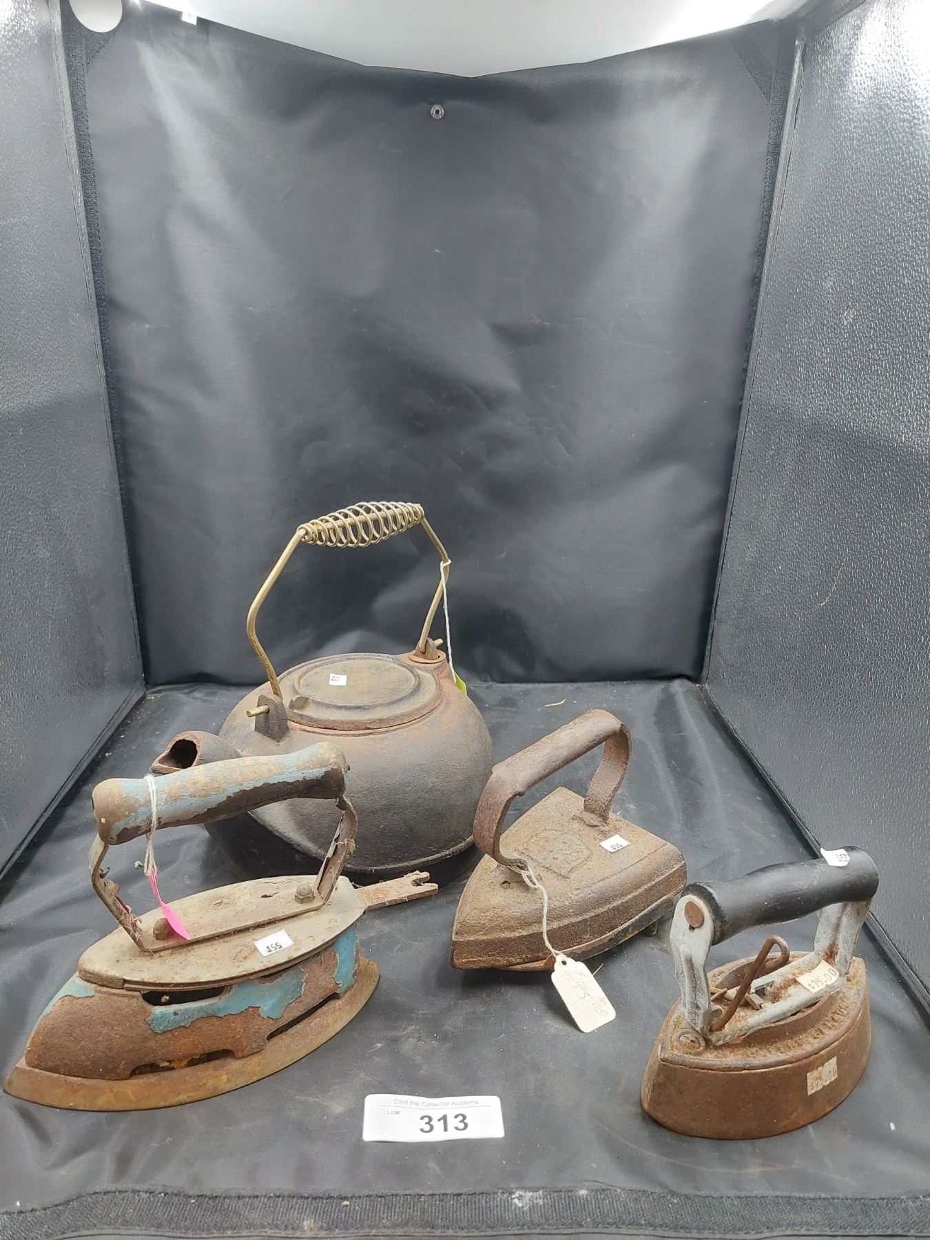 CAST IRON KETTLE & SAD IRONS