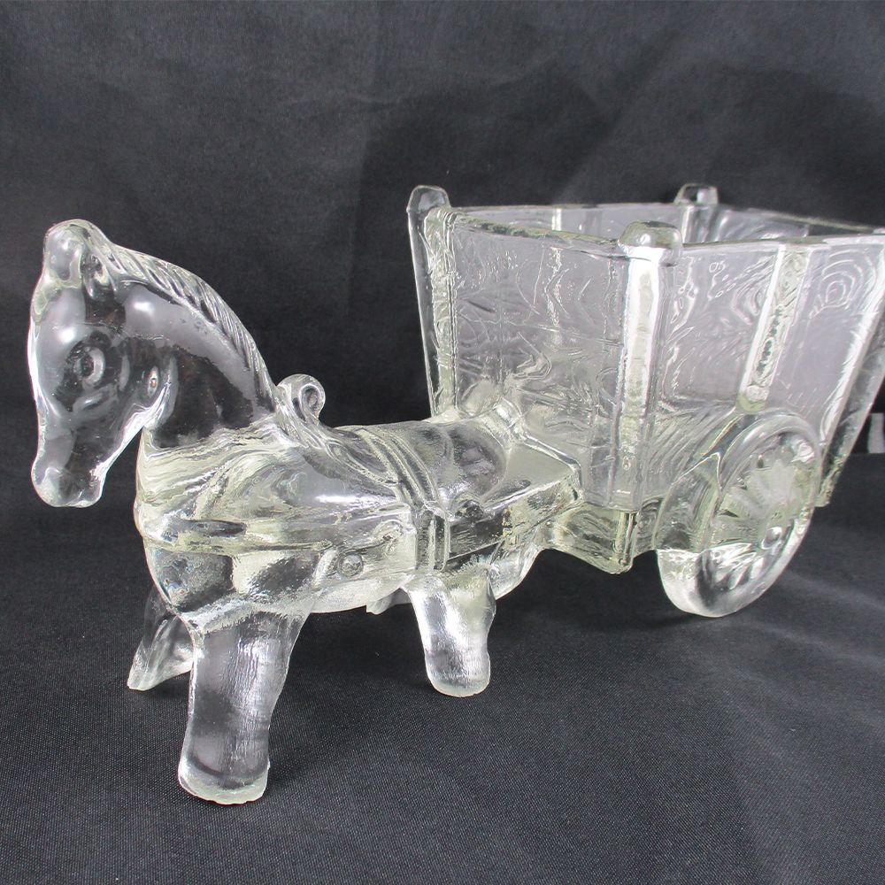 Vintage Clear Glass Donkey/Horse Cart Trinket Dish Statue