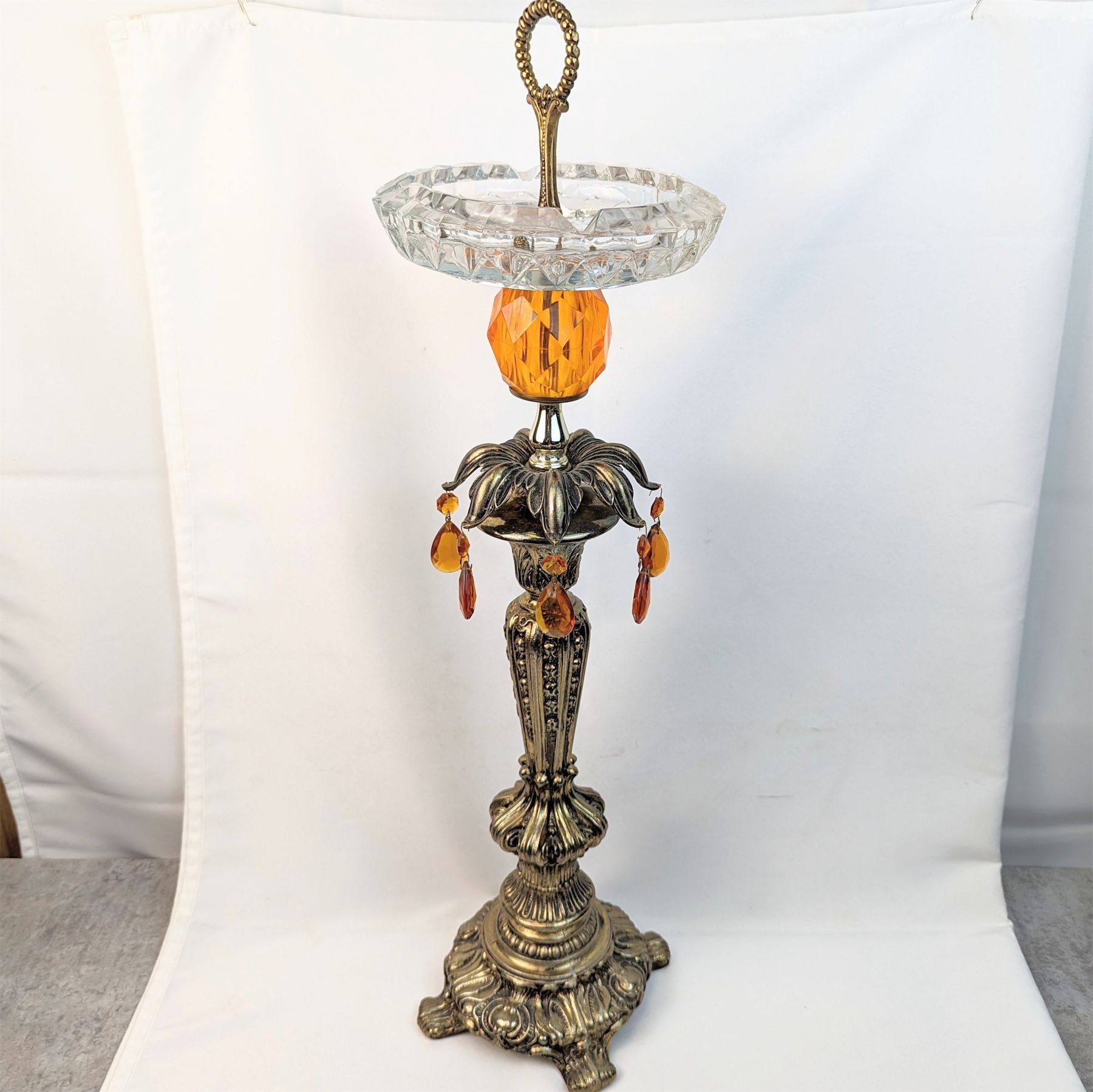 Vintage Crystal & Brass Ashtray Stand 27"