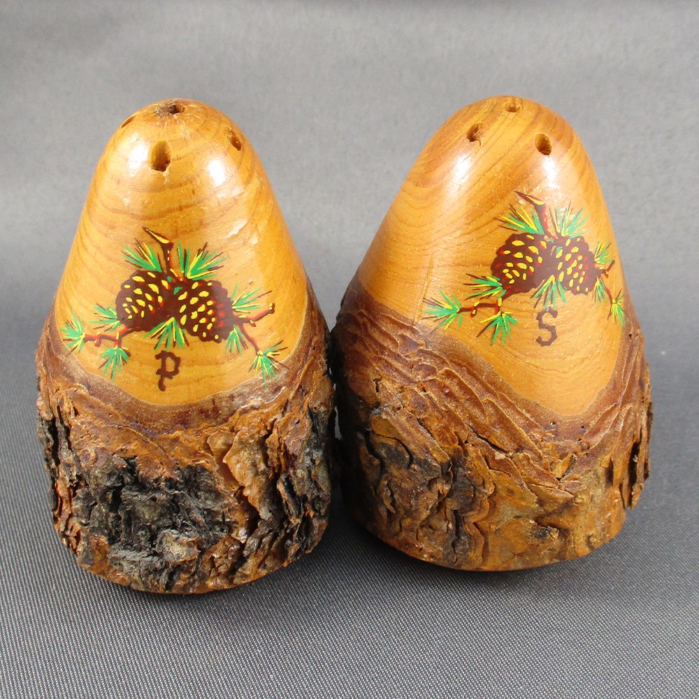 Vintage Carved Wood Pine Cone Salt & Pepper Shakers