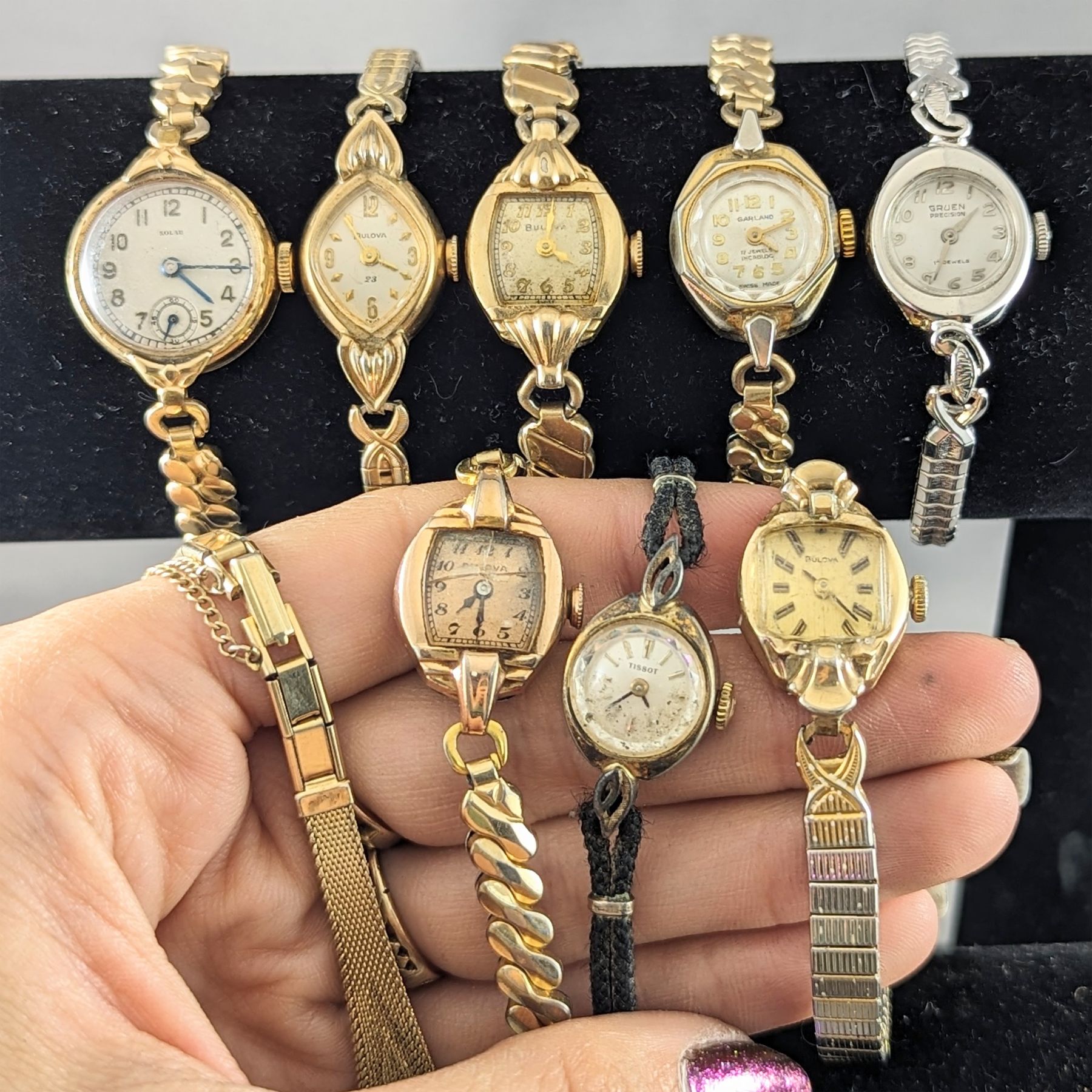 Lot of 8 Vintage Ladies Watches - Bulova, Garland, Gruen, Solar, Tissot