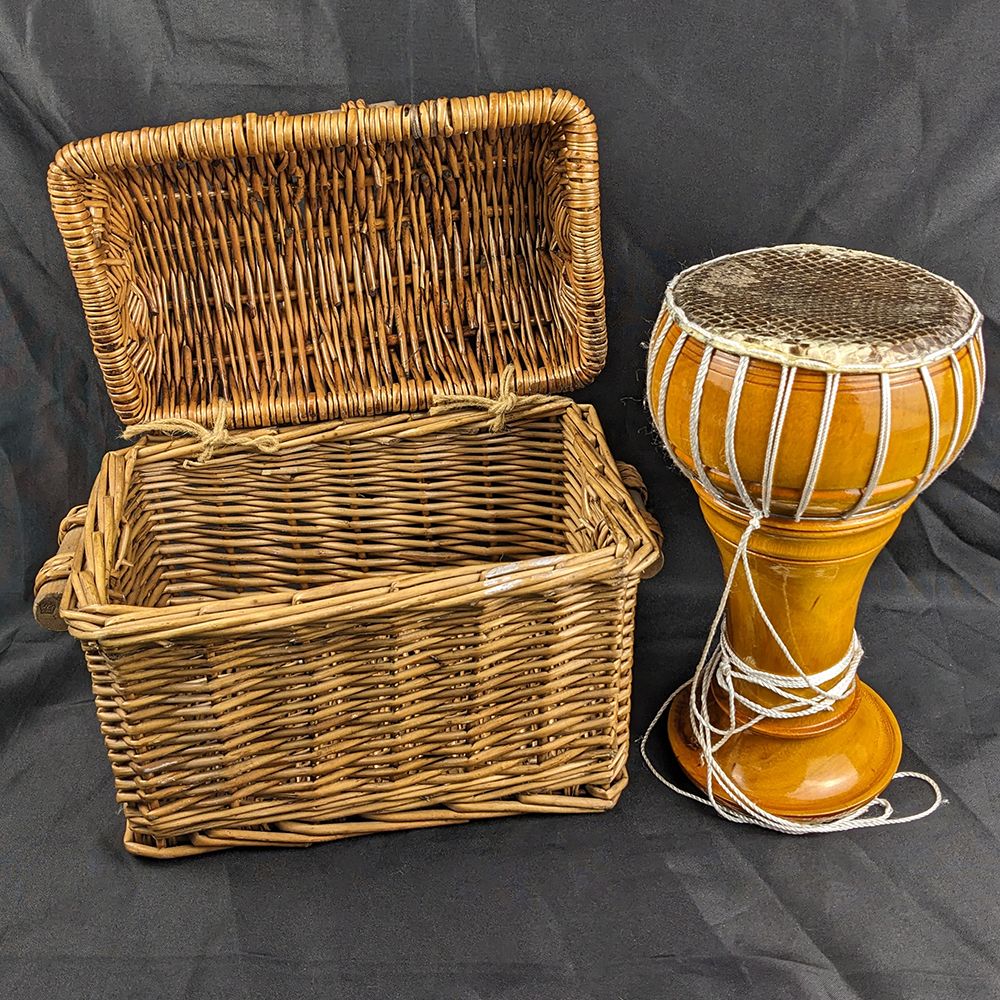 Vintage Wooden Snake Skin Drum & Wicker Basket