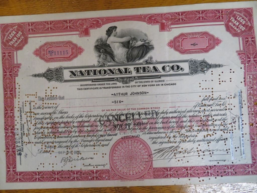 National Tea Co. Stock Certificate