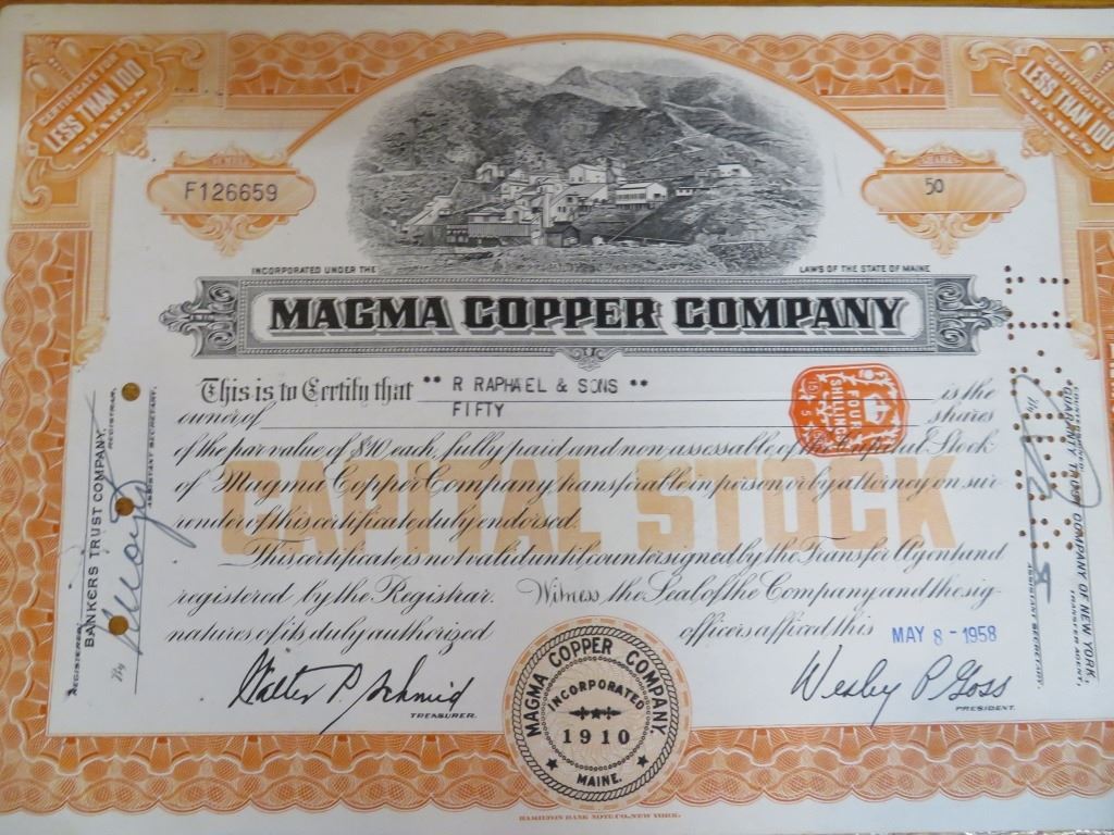 Magma Copper Mine Stock Certificate