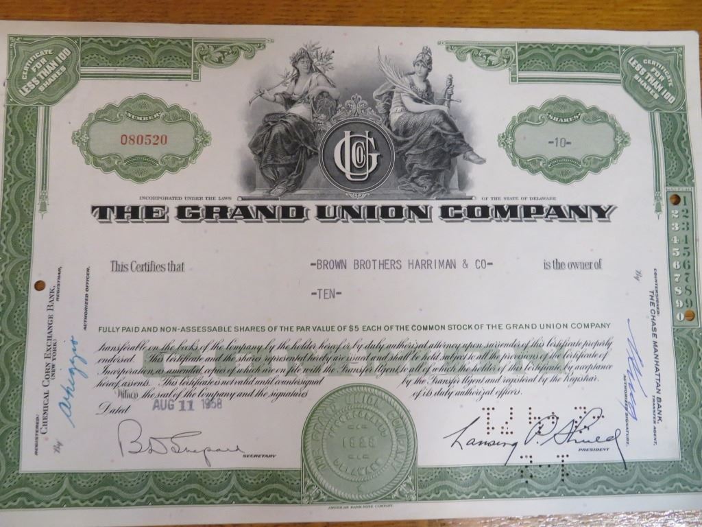 Grand Union Co. Stock Certificate