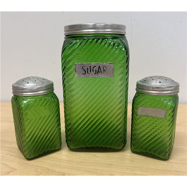 Vintage Owens Illinois Green Ribbed Glass Hoosier Canister & 2 Shakers ...
