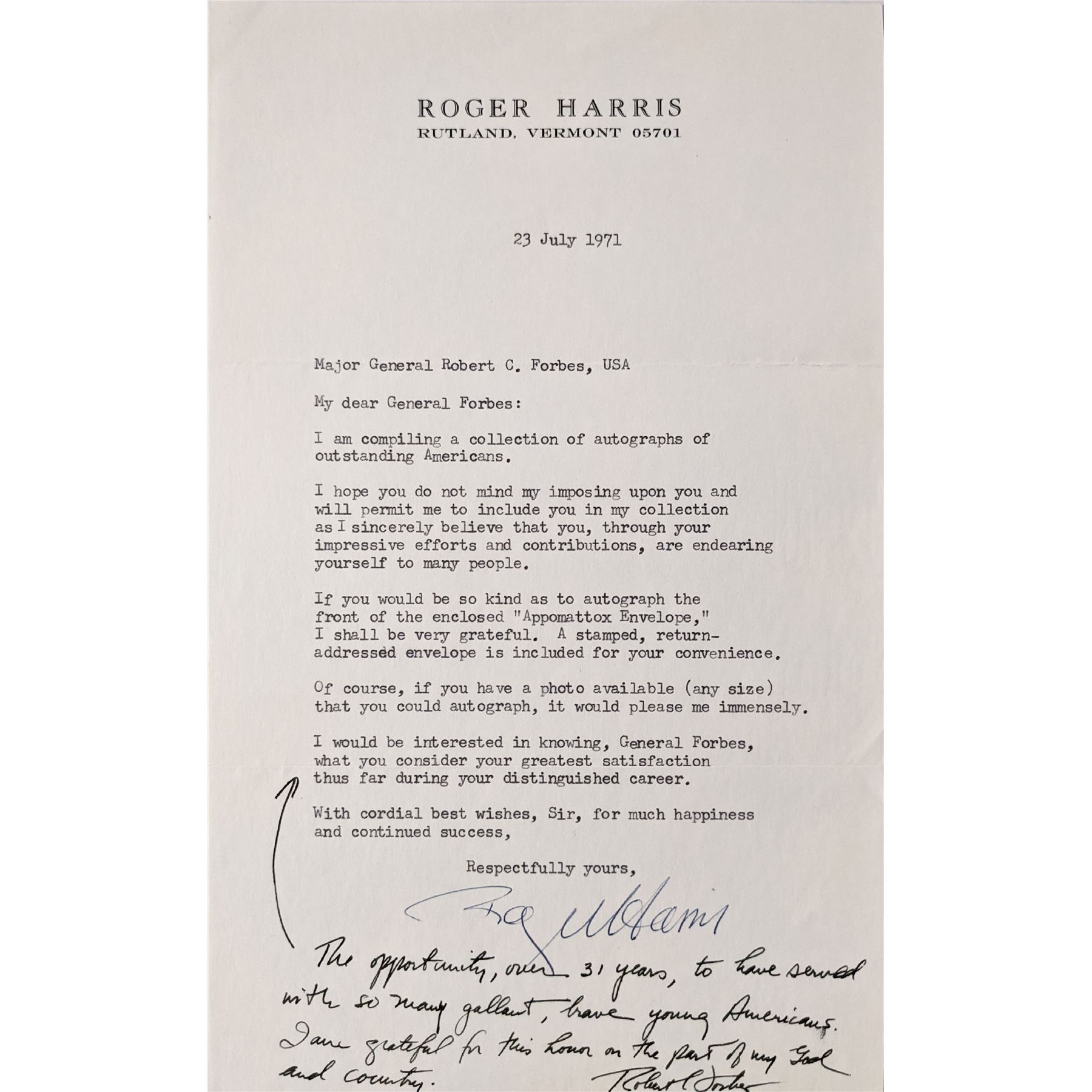 WW2 Military Robert C. Forbes & Roger Harris signed letter