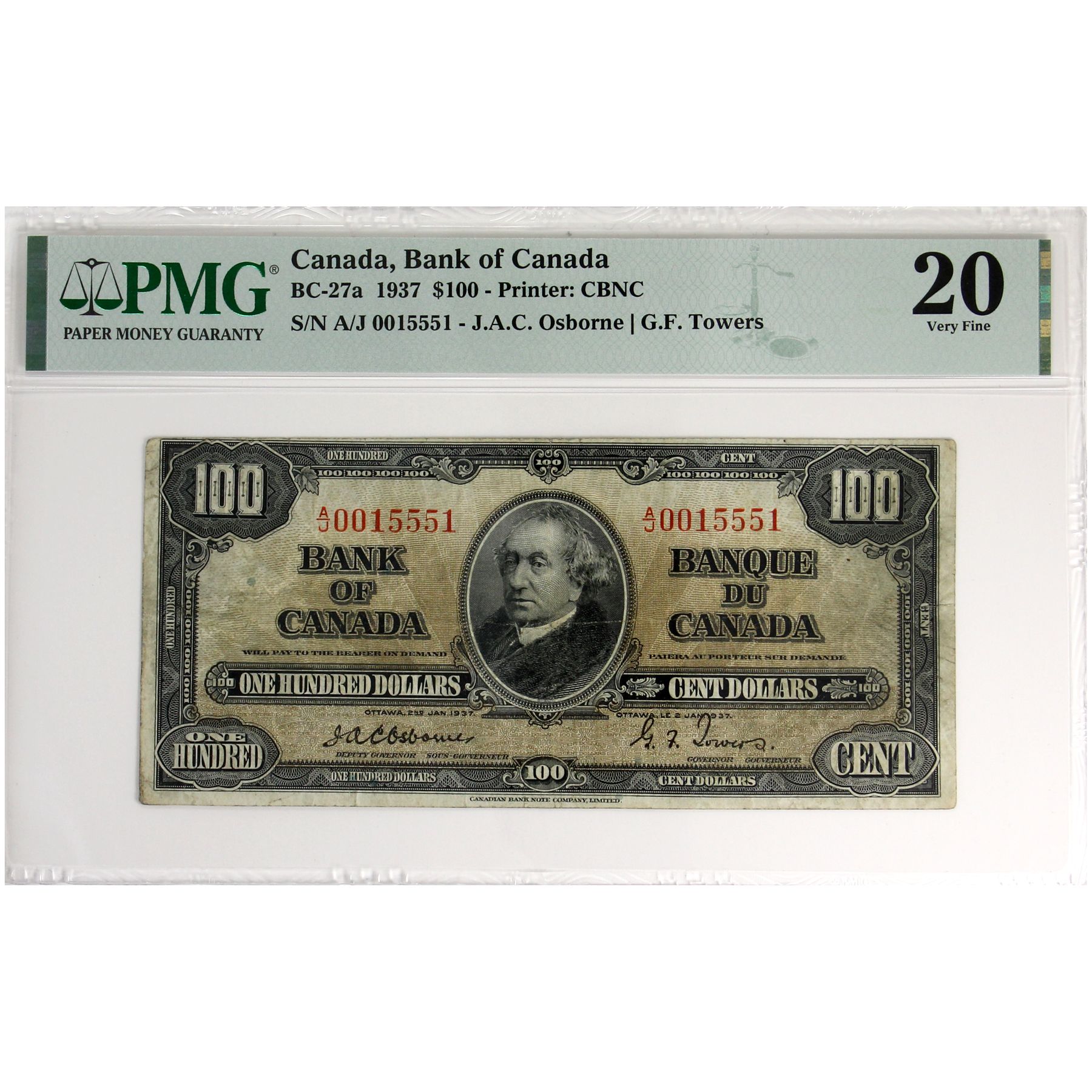 BC-27a 1937 $100 PMG VF20 Osborne-Towers SN: A/J0015551