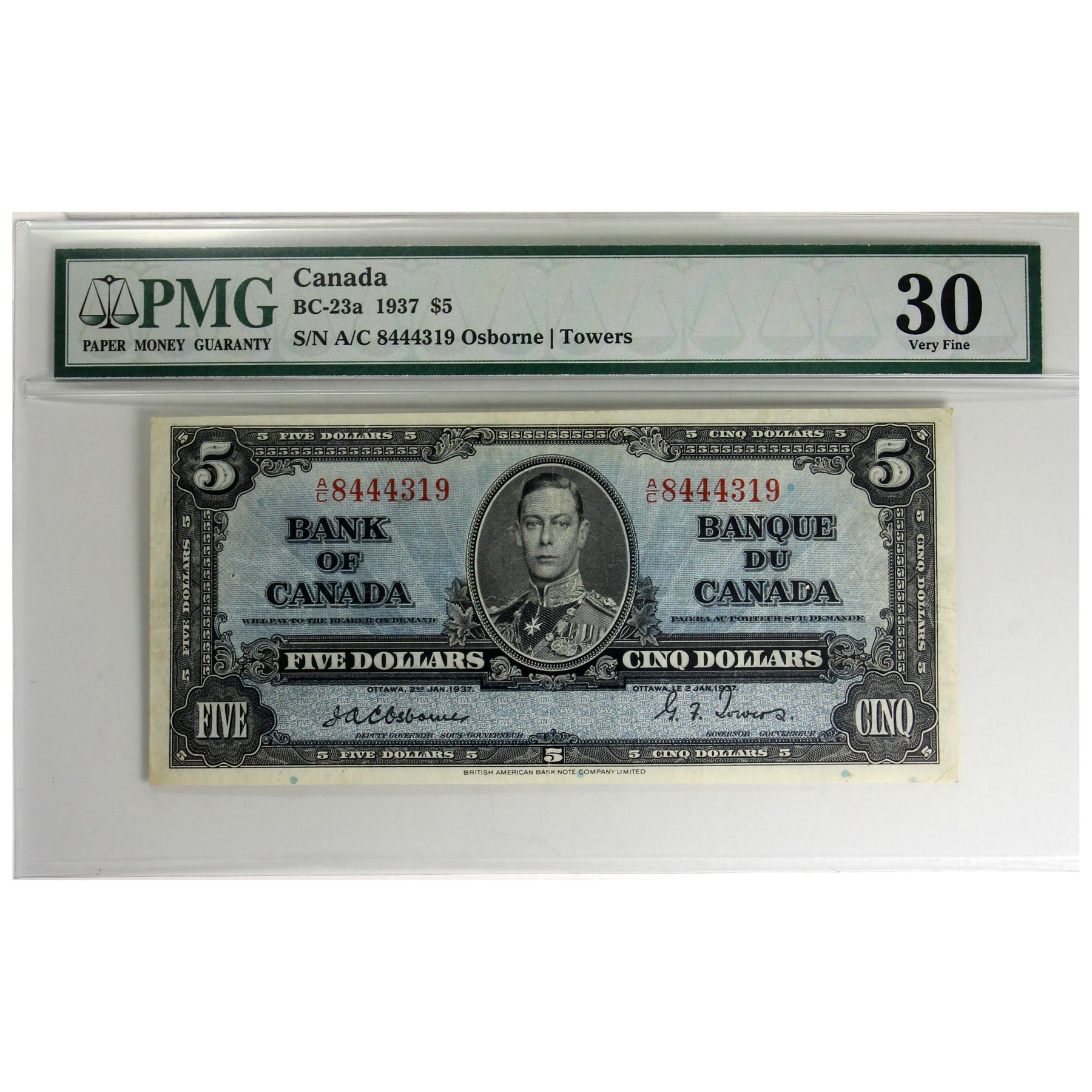 BC-23a 1937 $5 PMG VF30 Osborne-Towers SN: A/C8444319