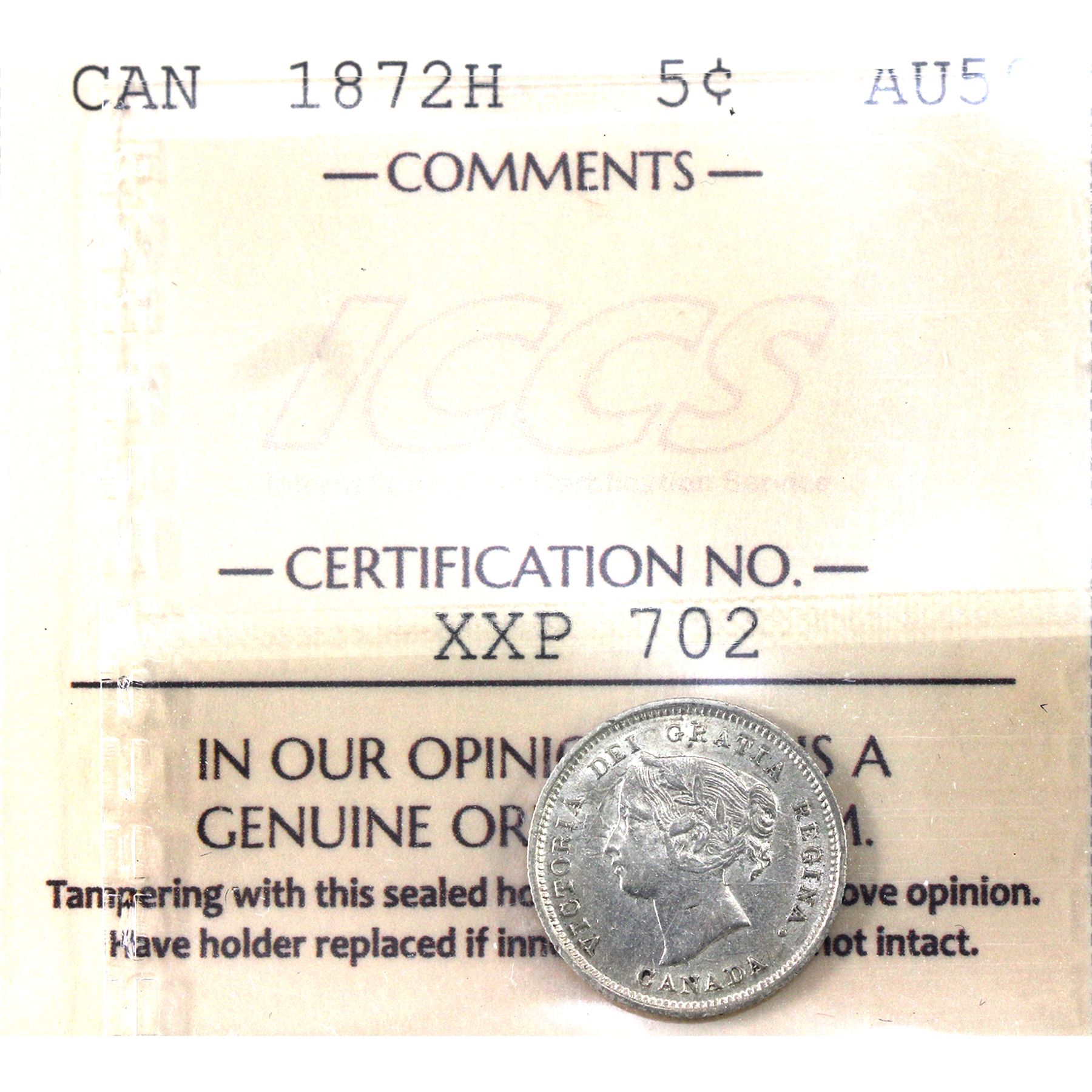 5-cent 1872H ICCS AU50