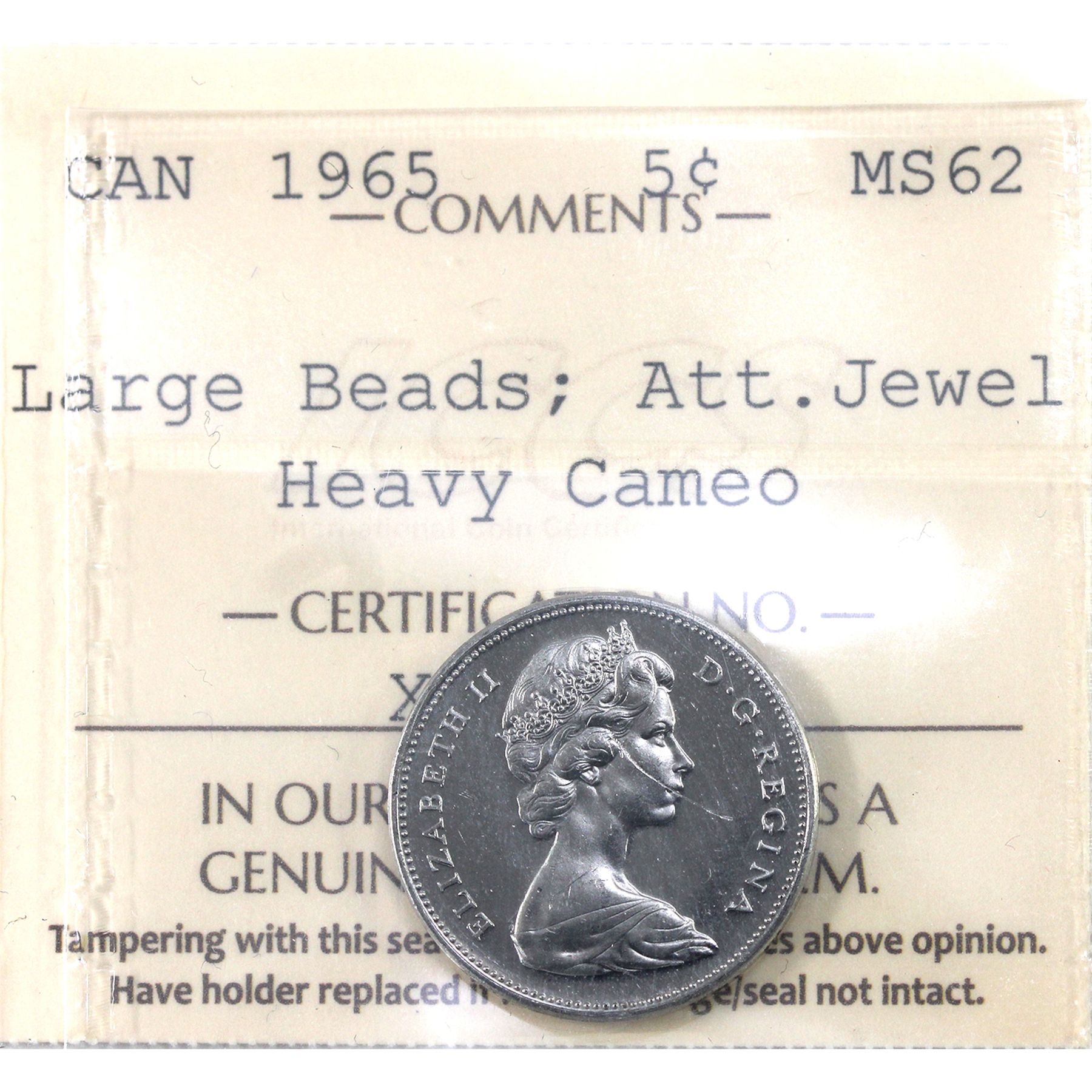 5-cent 1965 Attached Jewel Large Beads ICCS MS62 Heavy Cameo. Scarce ...