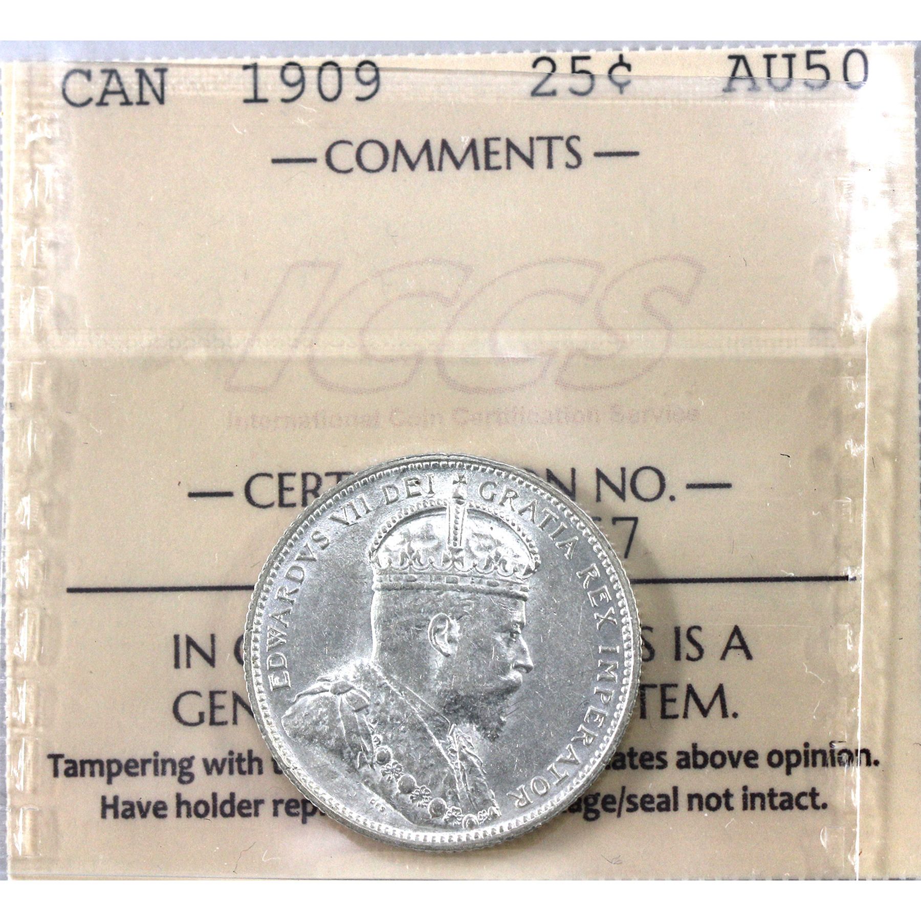 25-cent 1909 ICCS AU50