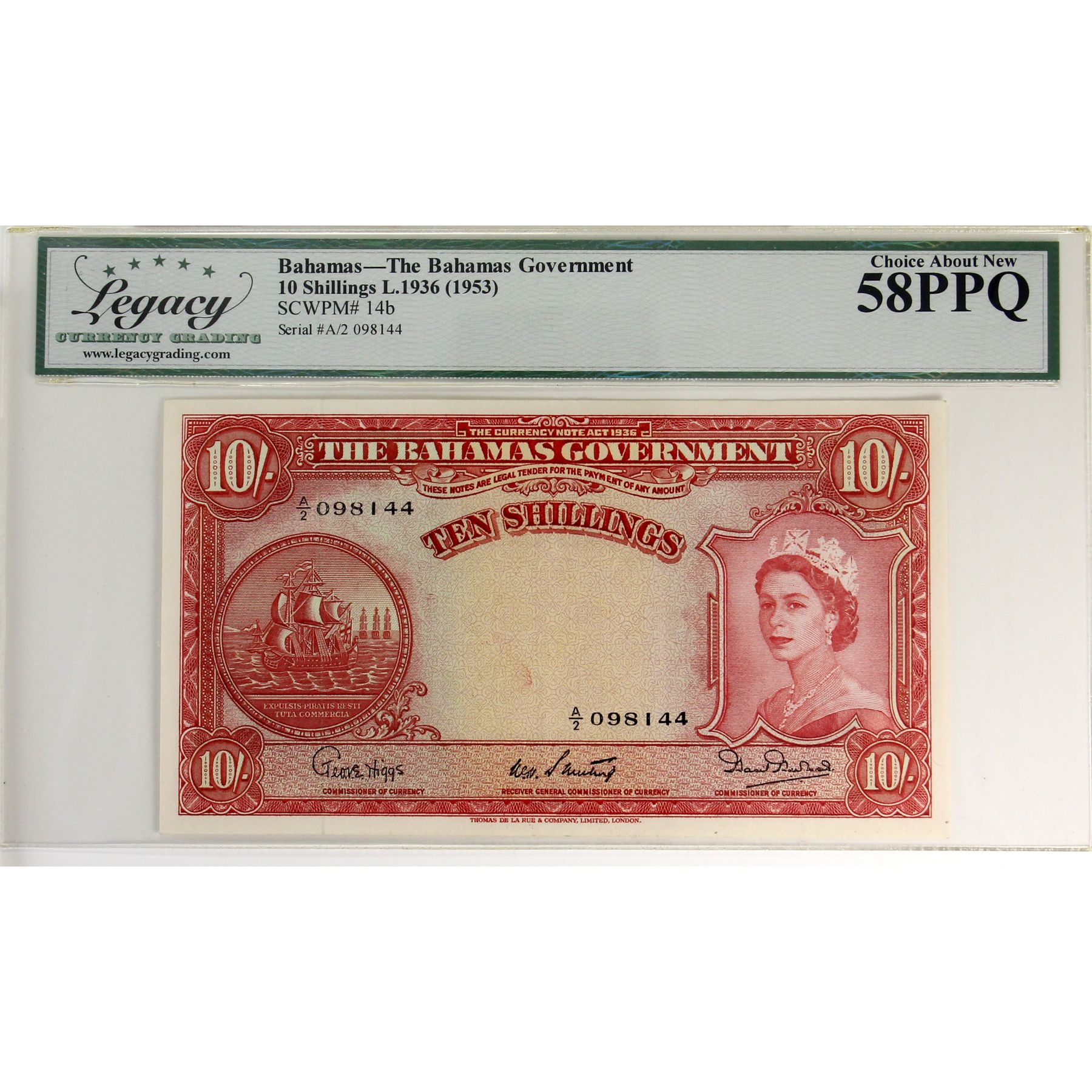 Bahamas 1936 (1953) Banknote 10 Shillings Legacy AU58 PPQ SCWPM# 14b