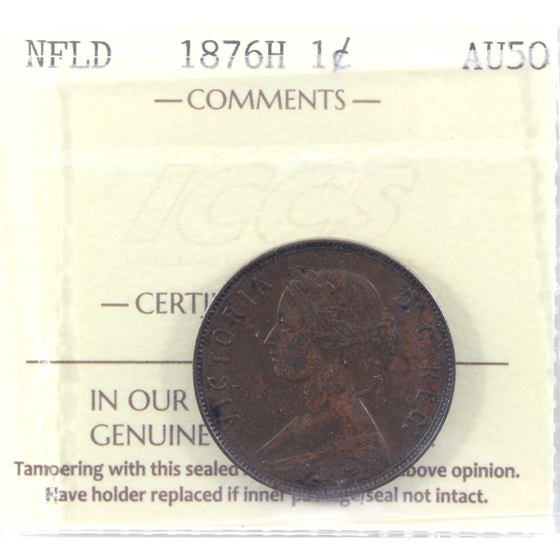 Newfoundland 1-cent 1876H ICCS AU50. Deep chocolate brown tones.