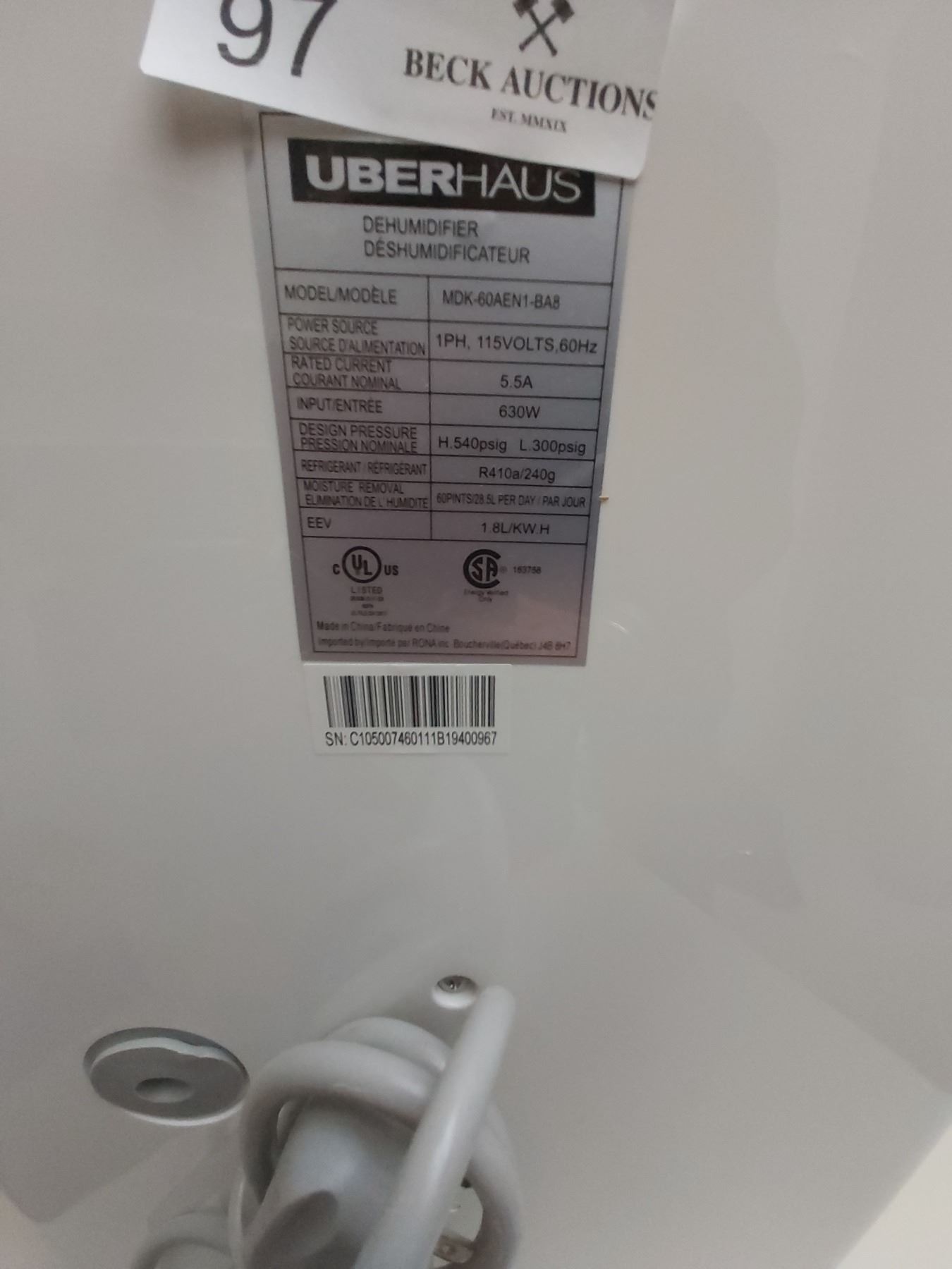 UberHaus DeHumidifier Model MDK-60AEN1-BA8 - Beck Auctions Inc.