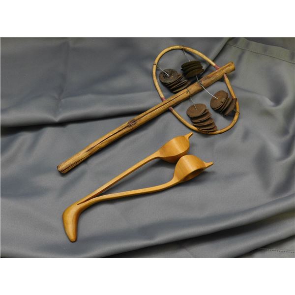 Lot of 2 Primitive Instruments Tamborine / Rain Maker and Wooden Spoons