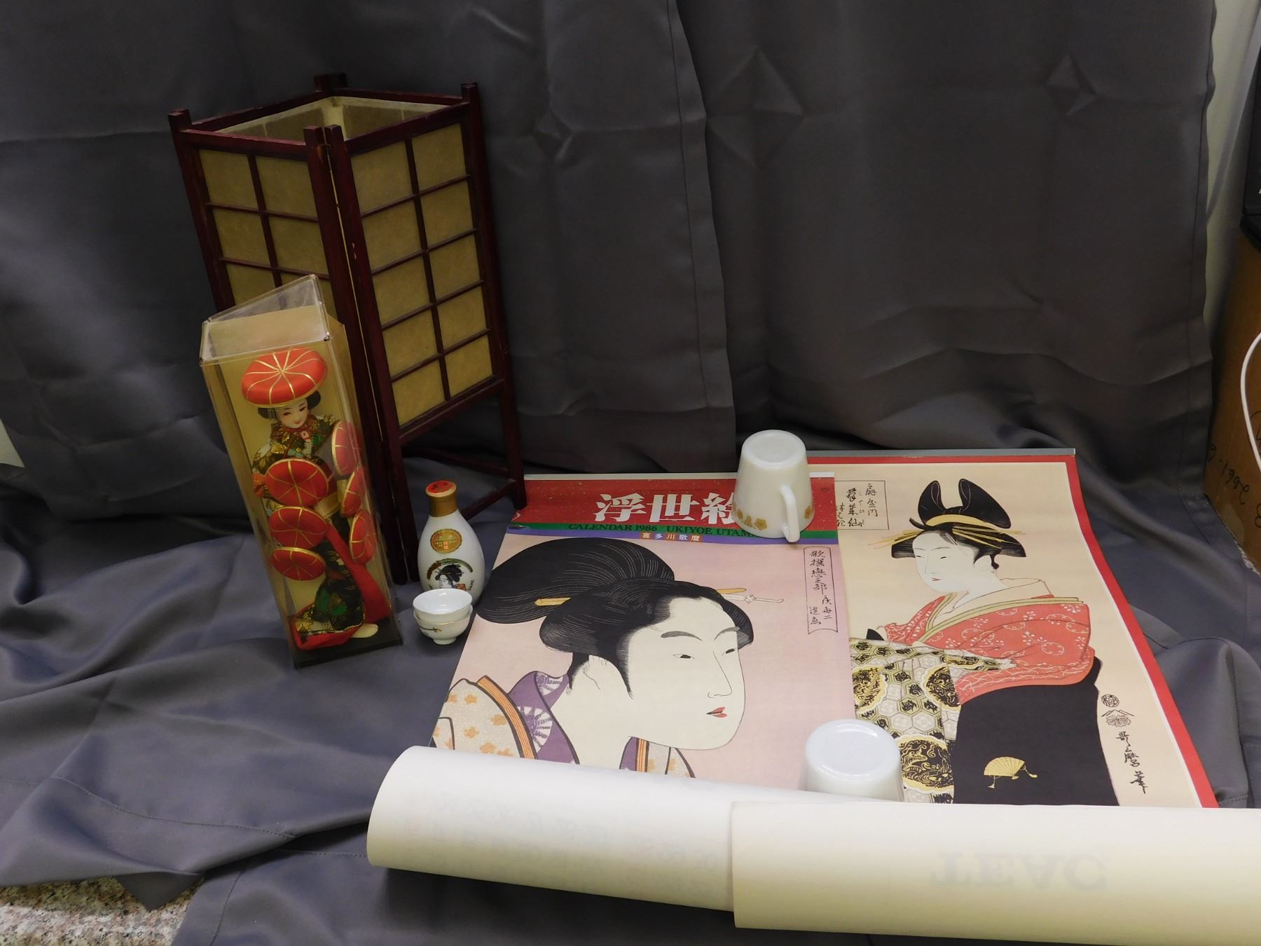 Lot of Asian Sake Bottle, Paper Lantern, Calendars, Figurine