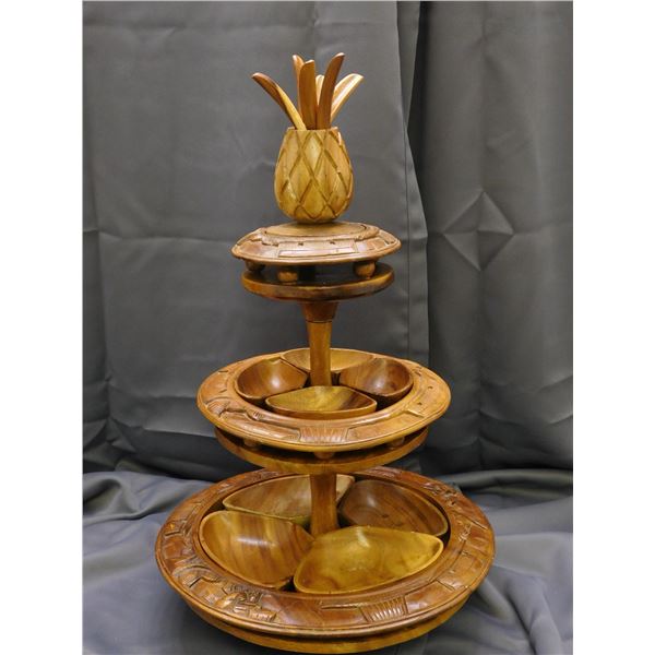 3-Tier Hand Carved Wooden Tiki Bar Pineapple Sauce / Snack Lazy Susan ...