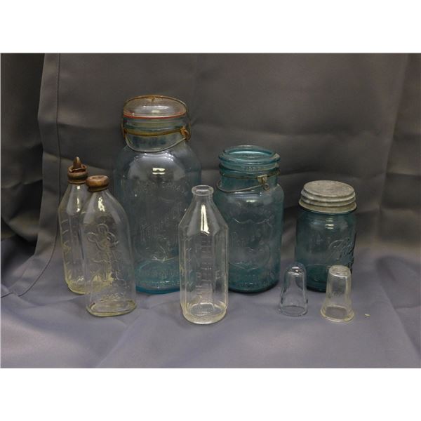 Lot of 8 Vintage Glass Mason Jars, Baby Bottles, Binky Glass Covers