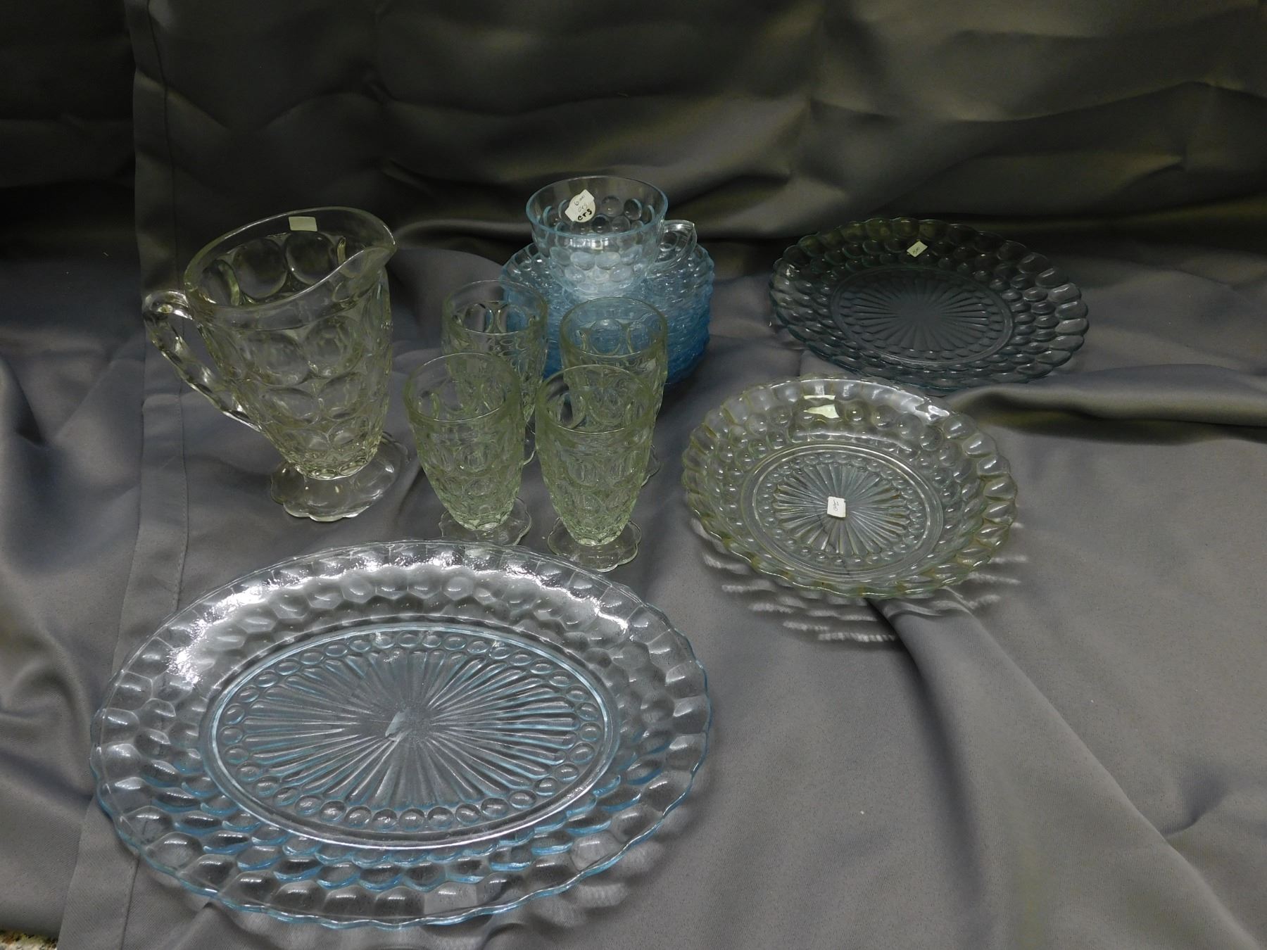 Lot of 18 Bubble Dot Glass Ware Juice Pitcher and Cups, Tea Cup, Plates