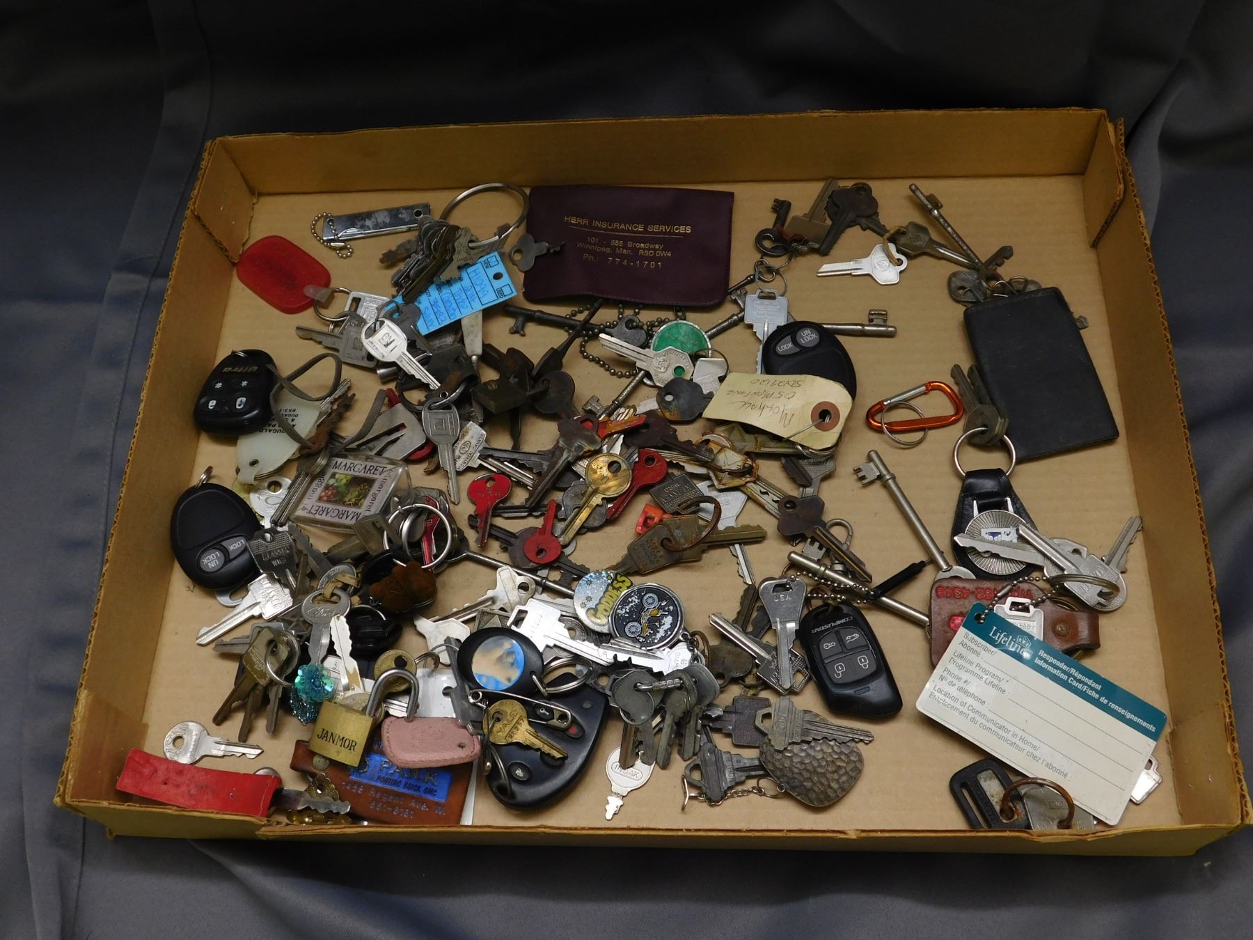 Box of Assorted Keys, Car Fobs, Skeleton Keys