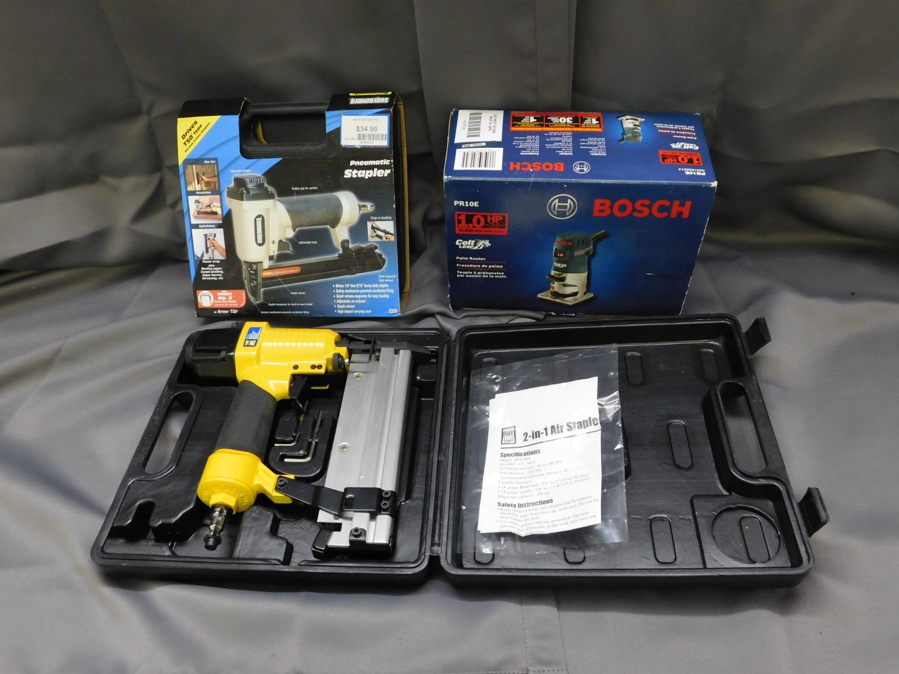 Lot of 3 Bosch Palm Router, Power Fist 2-in-1 Air Stapler and Pneumatic ...