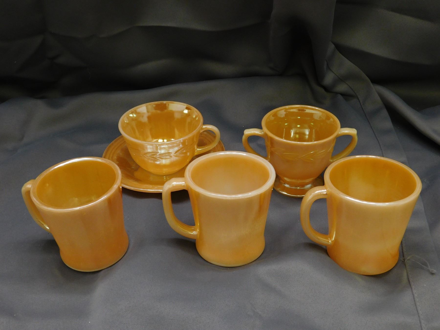 Lot of 5 Peach Lustrewear Fire King Tea Cup and Saucer, 3 Mugs and 1 ...