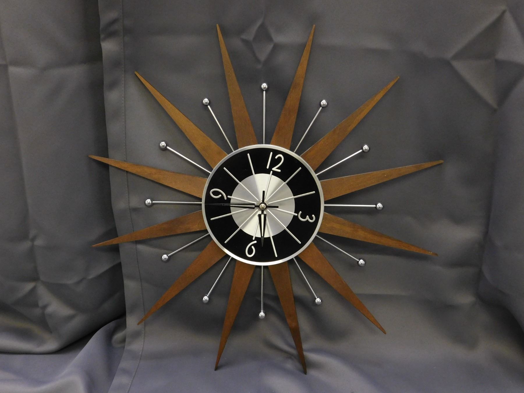 Reproduction Starburst MCM Style Wall Clock Wood and Silver / Chrome ...