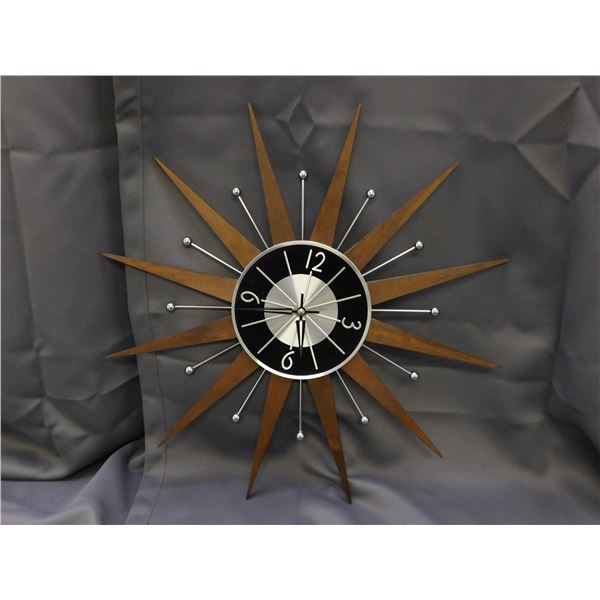 Reproduction Starburst MCM Style Wall Clock Wood and Silver / Chrome ...