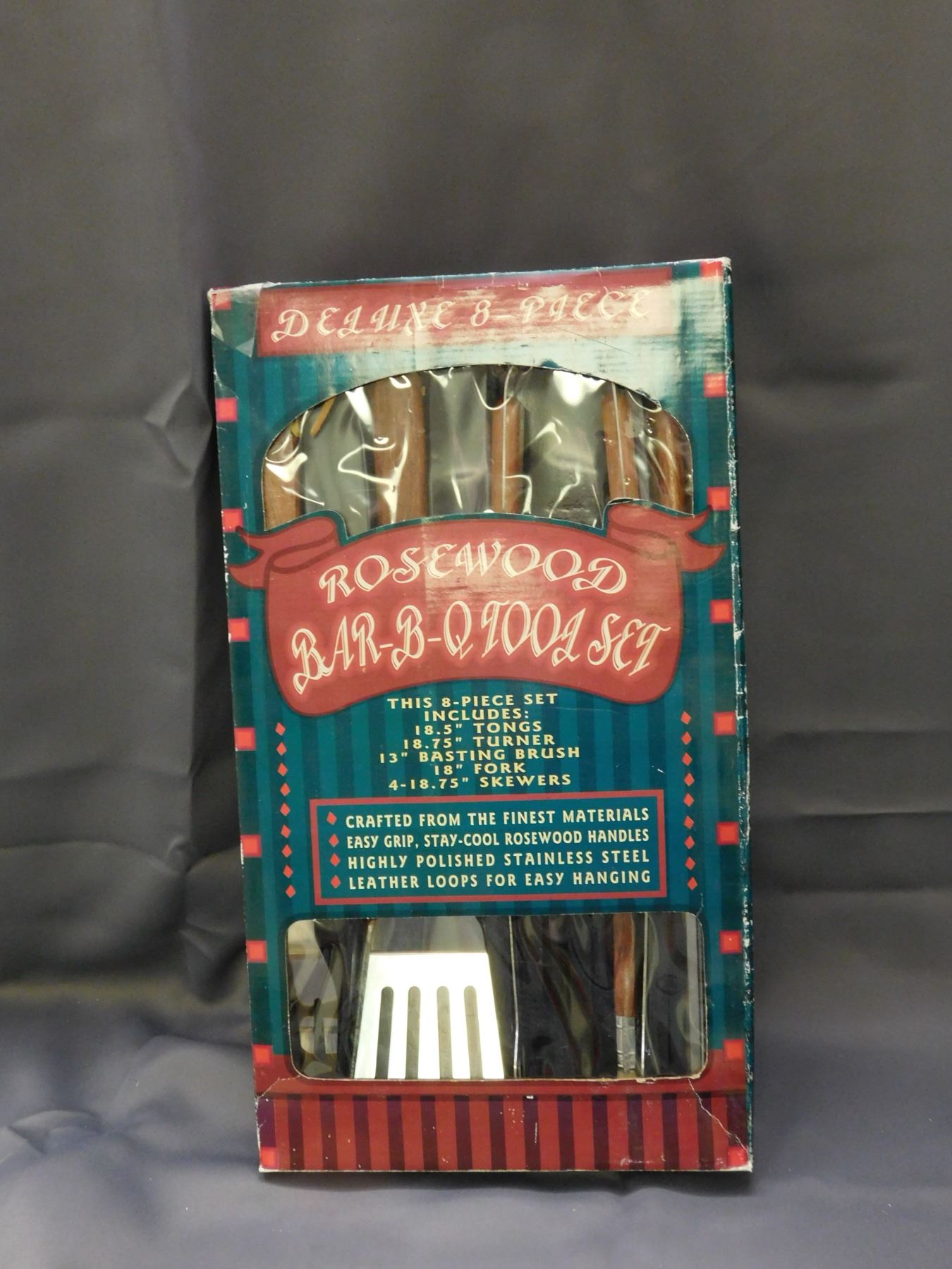 Deluxe 8-Piece Rosewood Bar-B-Q Tool Set Tongs, Turner, Basting Brush ...