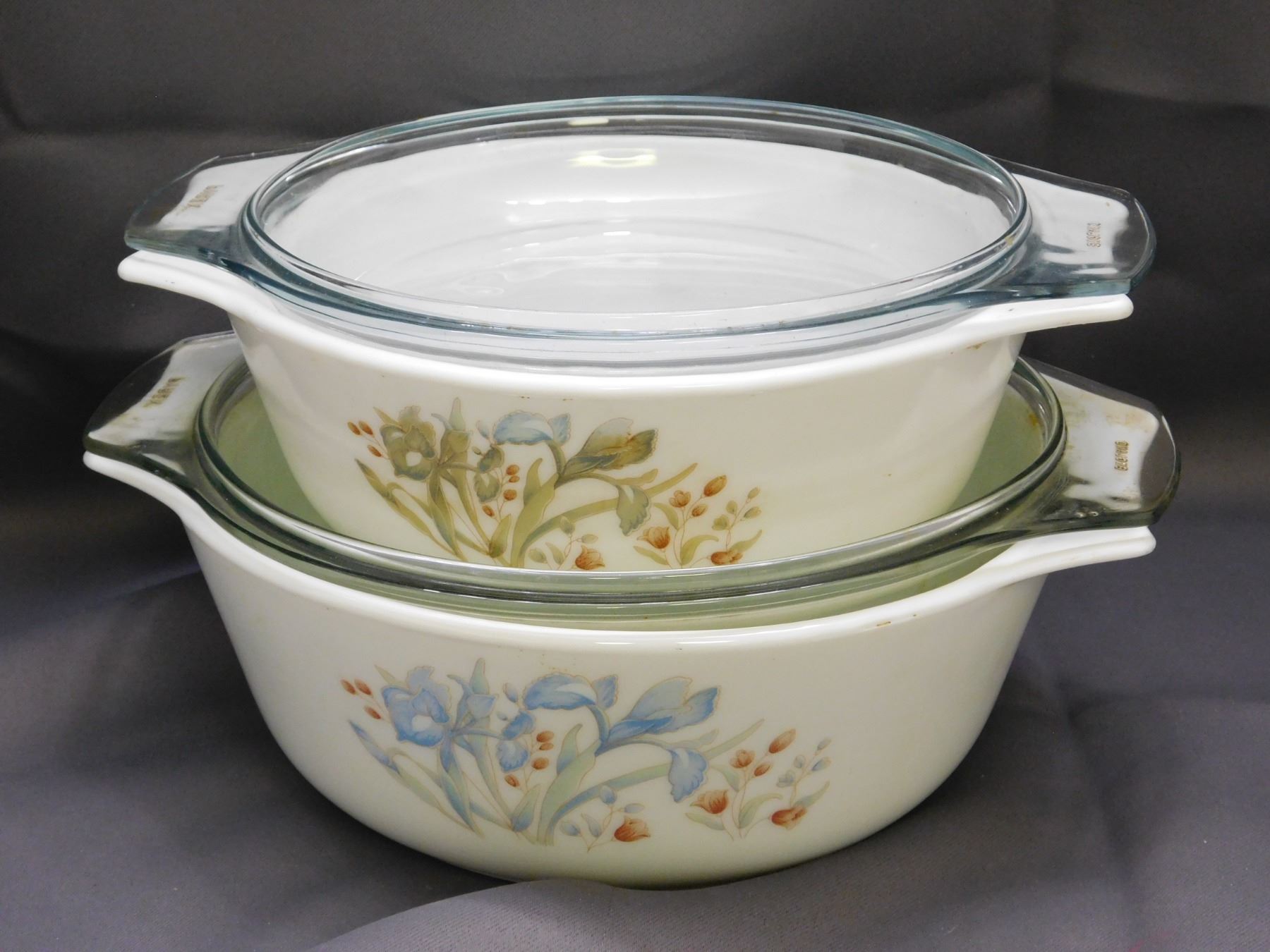 Lot of 2 Pyrex Crock Pots Blue Iris With Lids *well used*